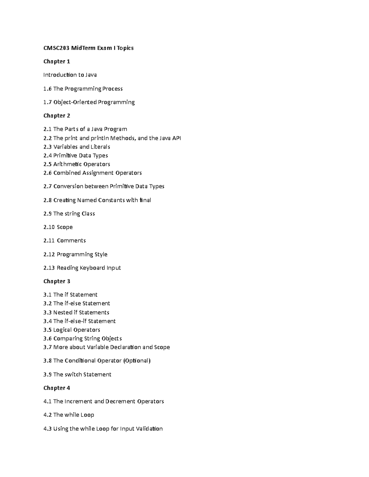 203 Exam1 Topics - assignment - CMSC203 MidTerm Exam I Topics Chapter 1 ...