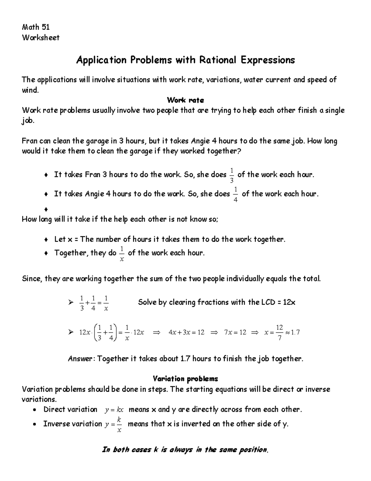 10application problems rational expressions - Math 51 Worksheet ...