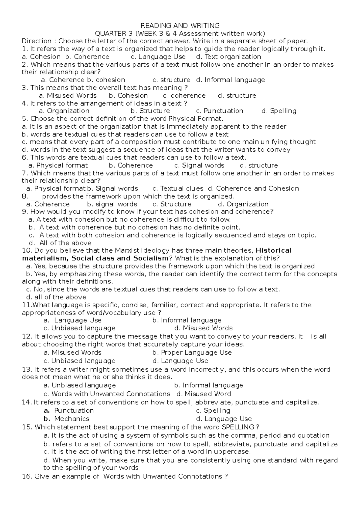 Reading AND Writing - for learners - READING AND WRITING QUARTER 3 ...
