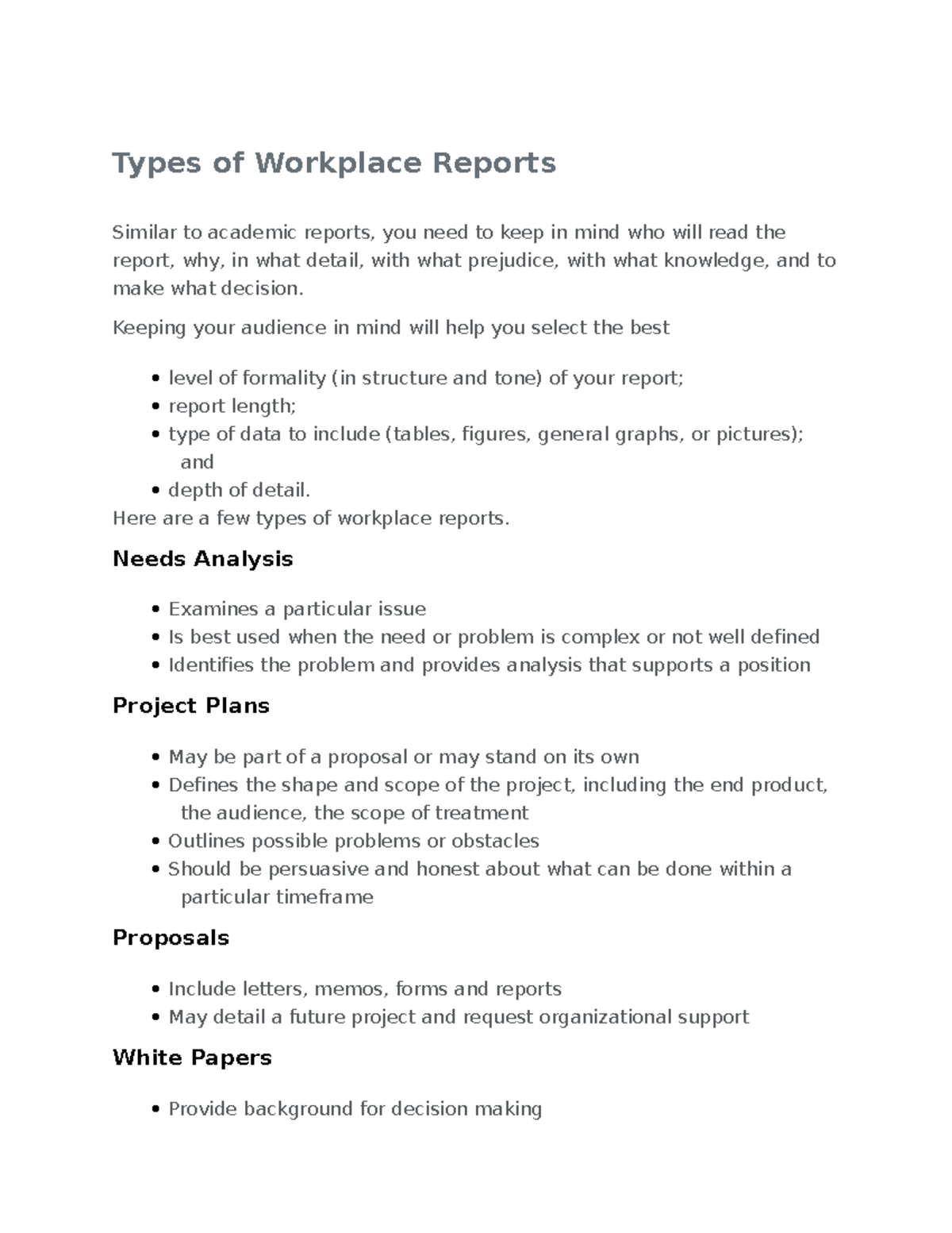 Workplace reports cheat sheet - Types of Workplace Reports Similar to ...