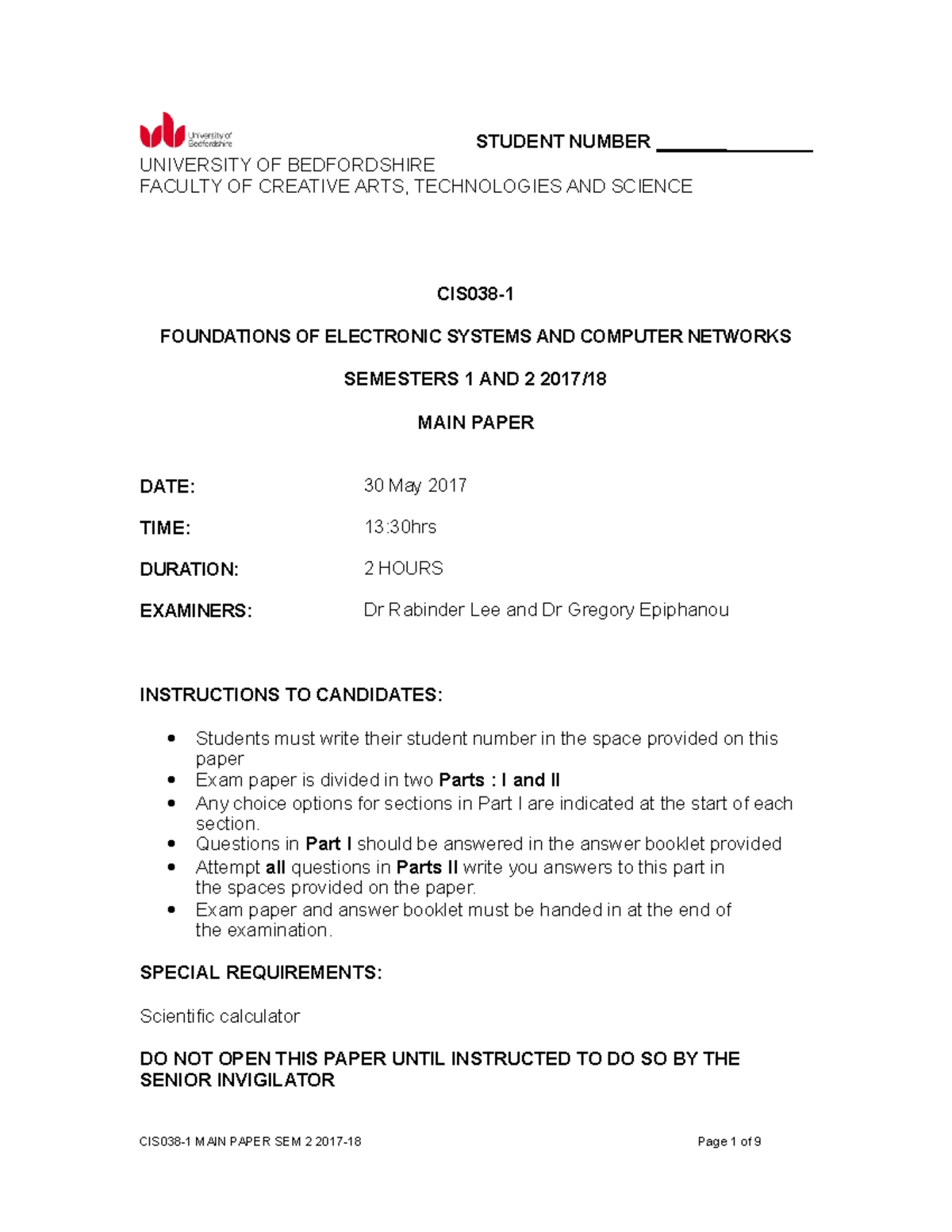 FOUNDATIONS OF ELECTRONIC SYSTEMS AND COMPUTER NETWORKS Exam SEM1 ...