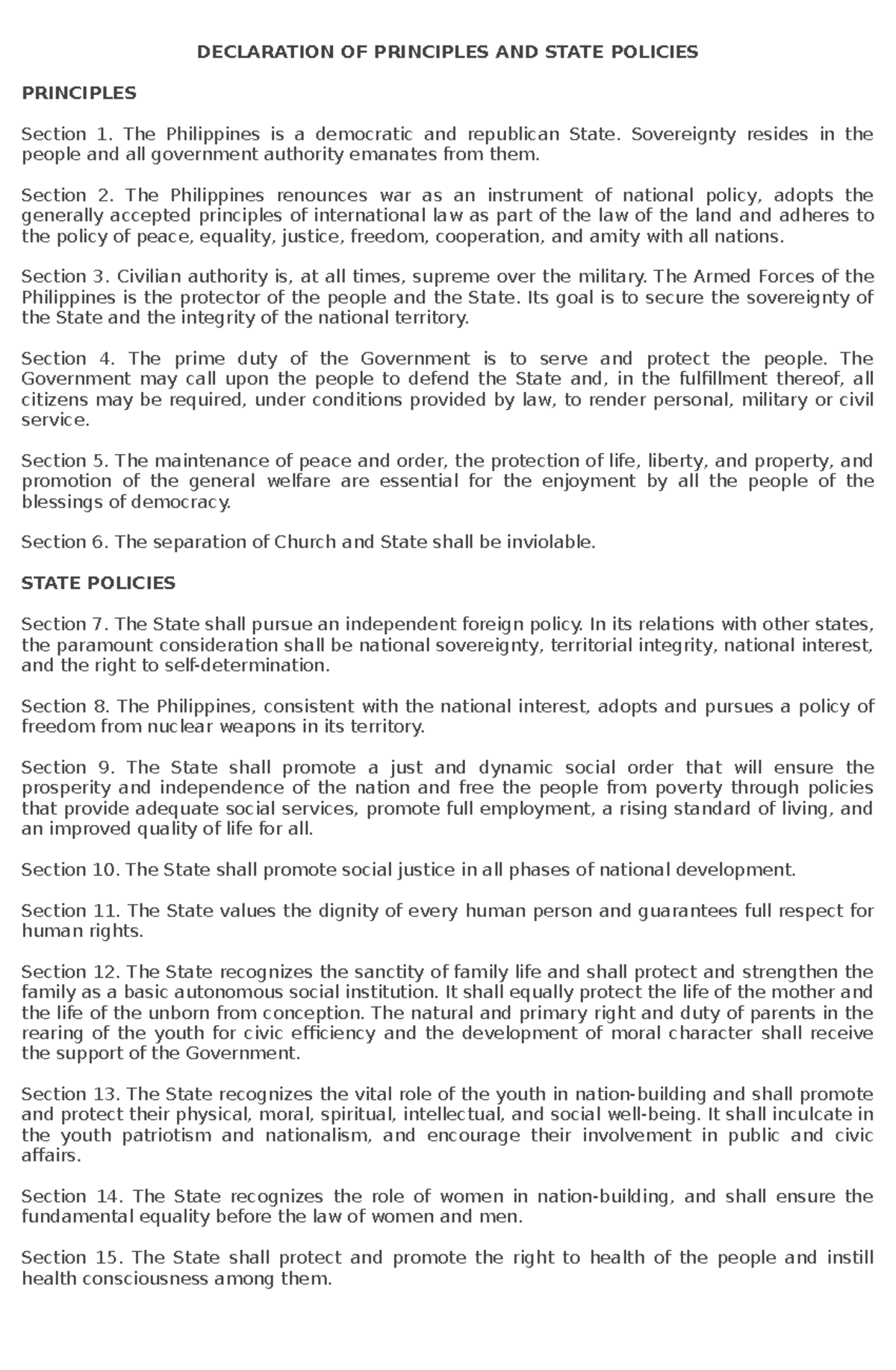 Declaration OF Principles AND State Policies - DECLARATION OF ...