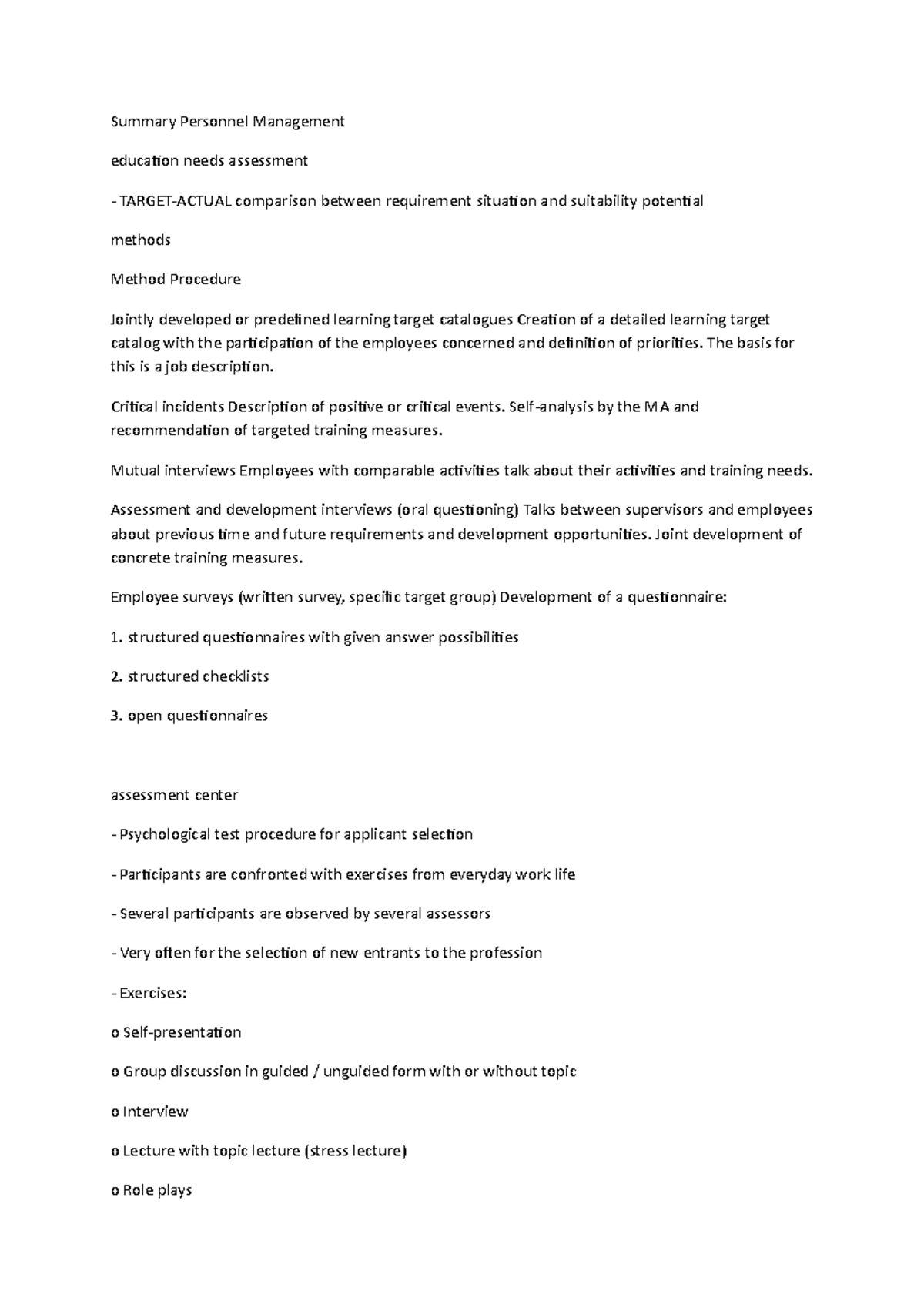 Summary personnel management - The basis for this is a job description ...