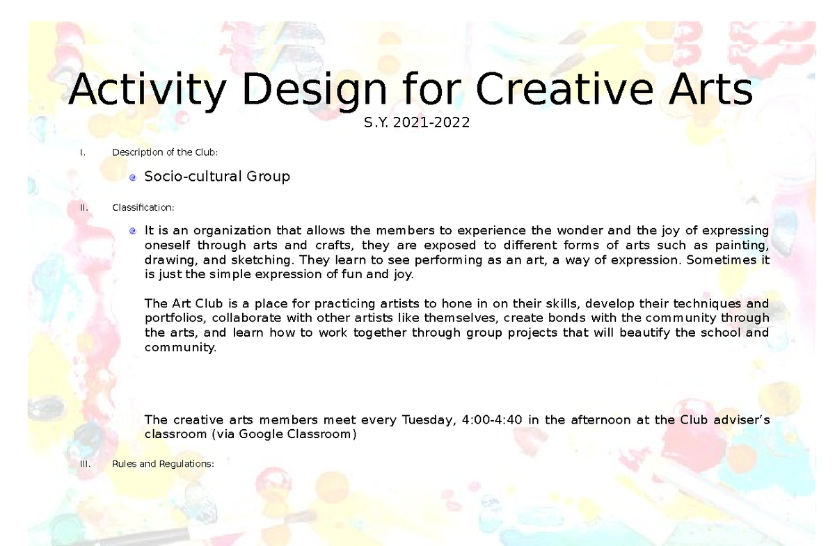 Club Activity Design Creative Arts - Activity Design for Creative Arts ...