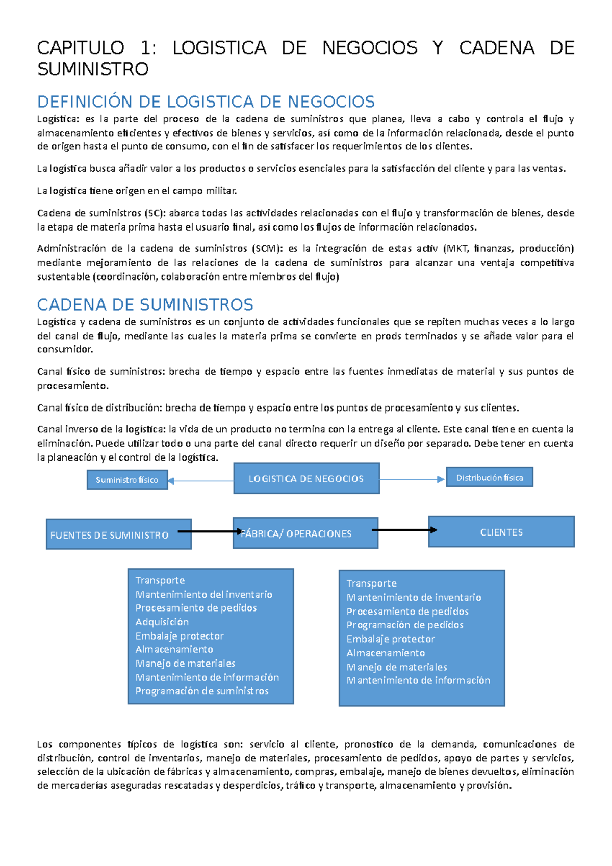 Parcial 1 Logistica - CAPITULO 1: LOGISTICA DE NEGOCIOS Y CADENA DE SUMINISTRO DEFINICIÓN DE ...