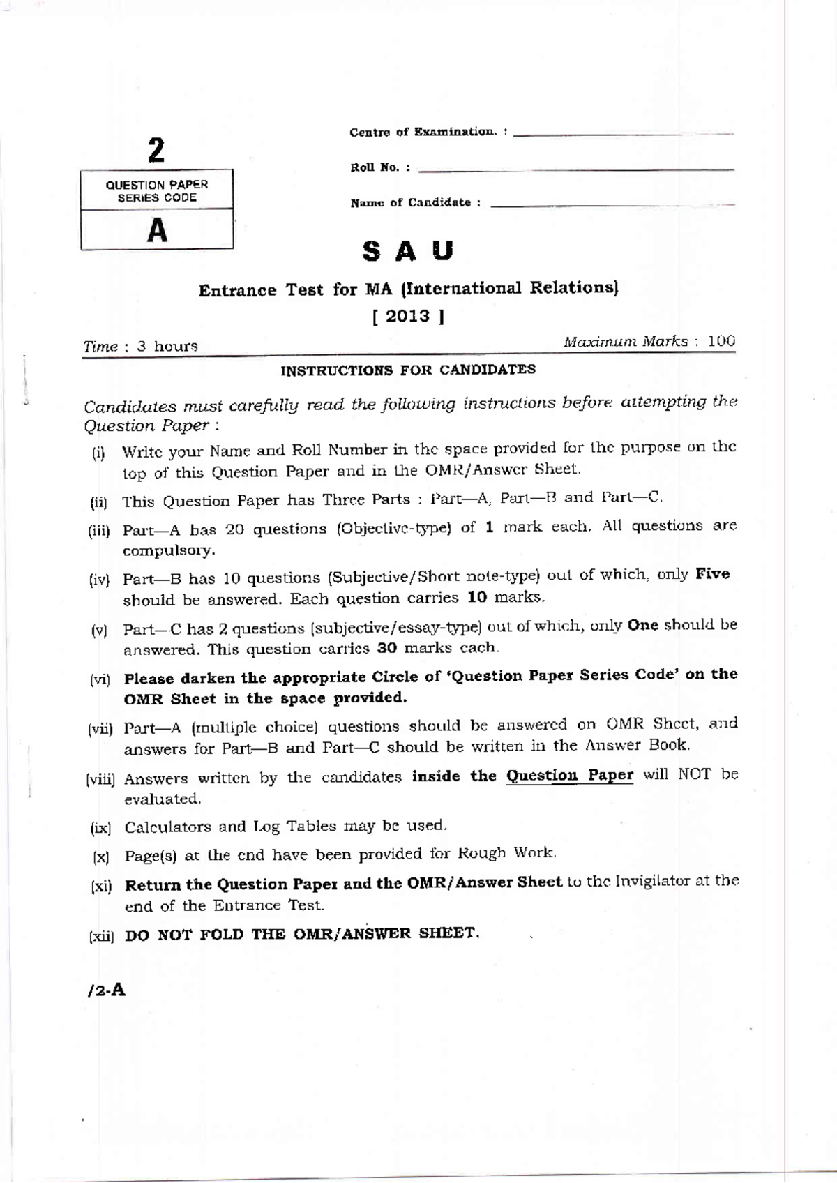 SAU-IR-2013 - South Asian university 2013 paper and guide - Centre of ...