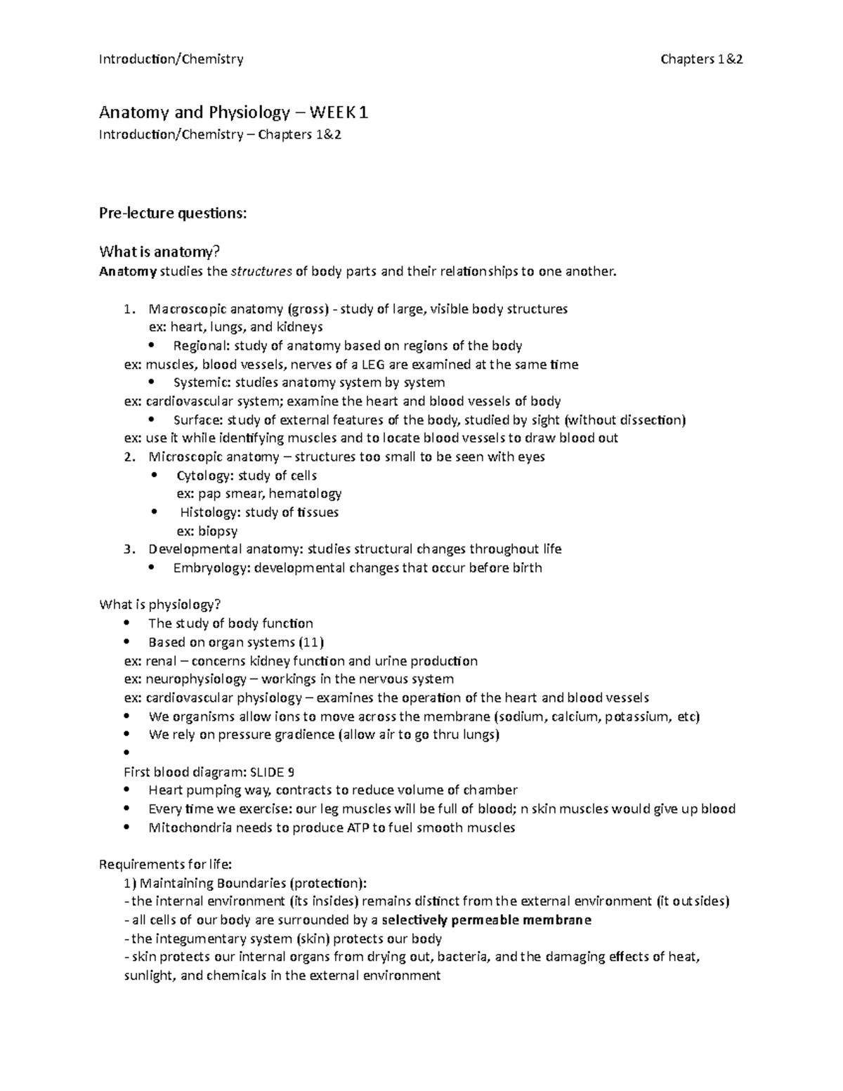 Anatomy and Physiology - Introduction/Chemistry Chapters 1& Anatomy and ...