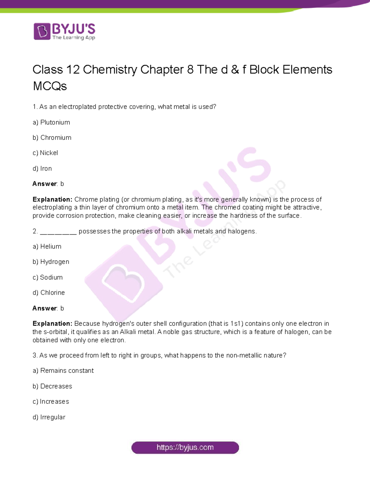 Chapter 8 The d f Block Elements - Class 12 Chemistry Chapter 8 The d & f Block Elements MCQs As ...
