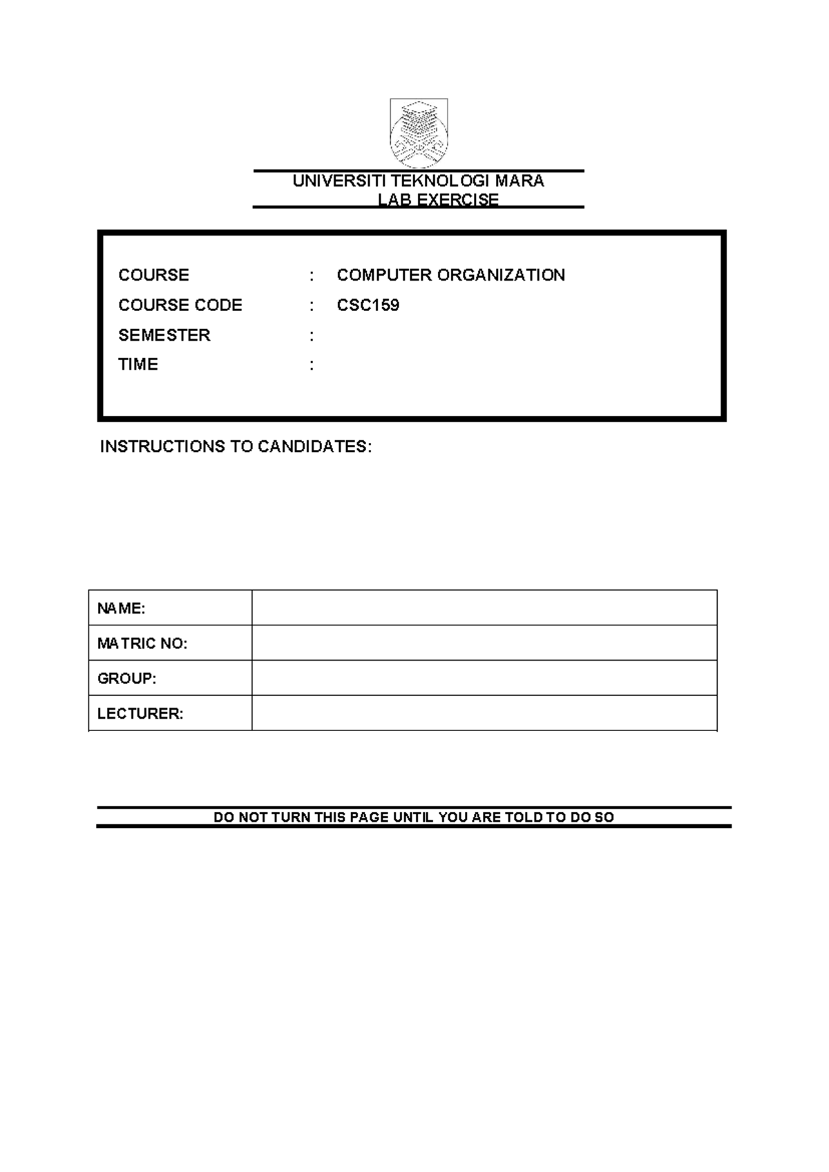 Sample LAB TEST 6 JULY 2023 - UNIVERSITI TEKNOLOGI MARA LAB EXERCISE ...