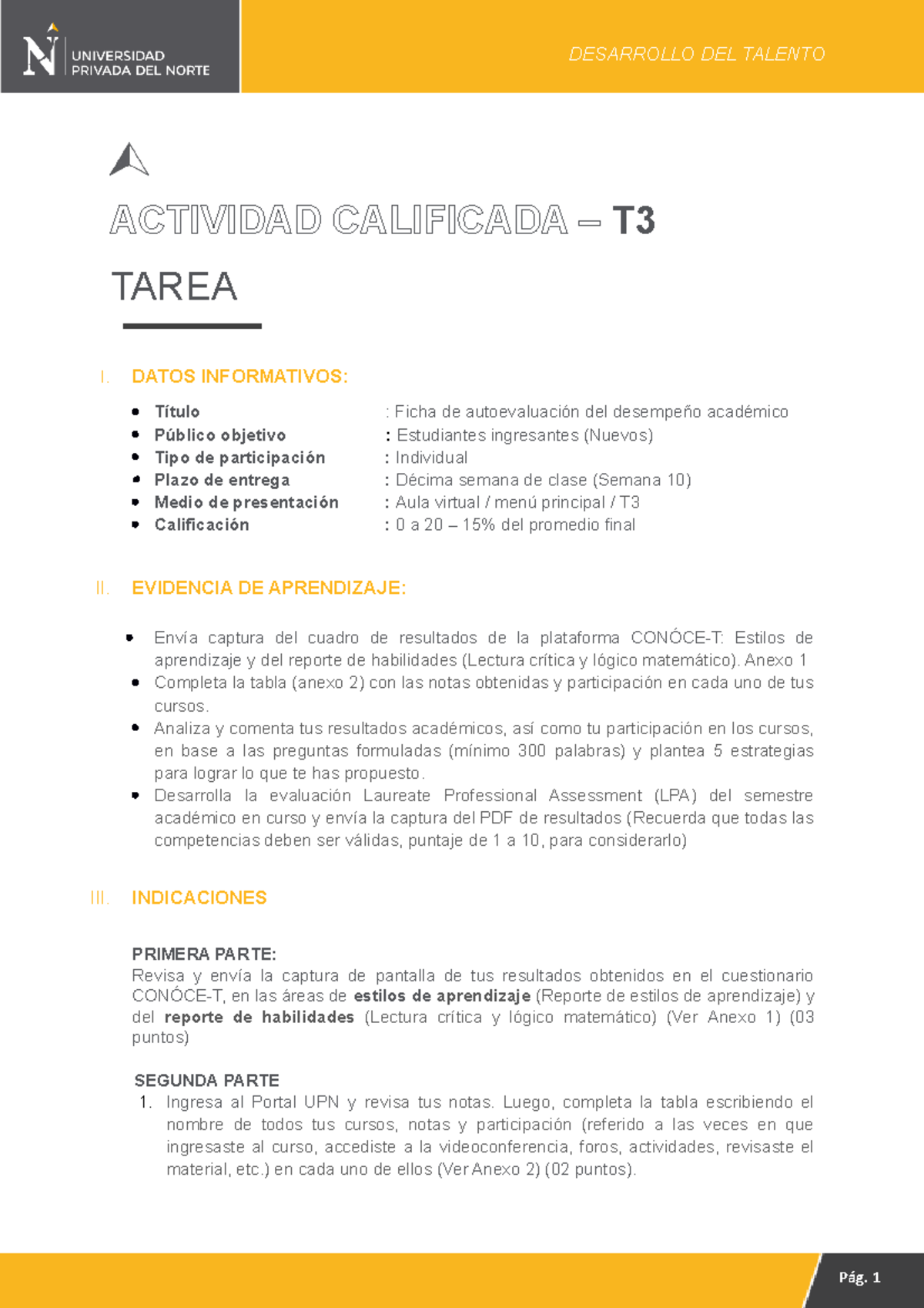 T3 Desarrollo del talento - ACTIVIDAD CALIFICADA – T TAREA I. DATOS INFORMATIVOS: Título : Ficha ...