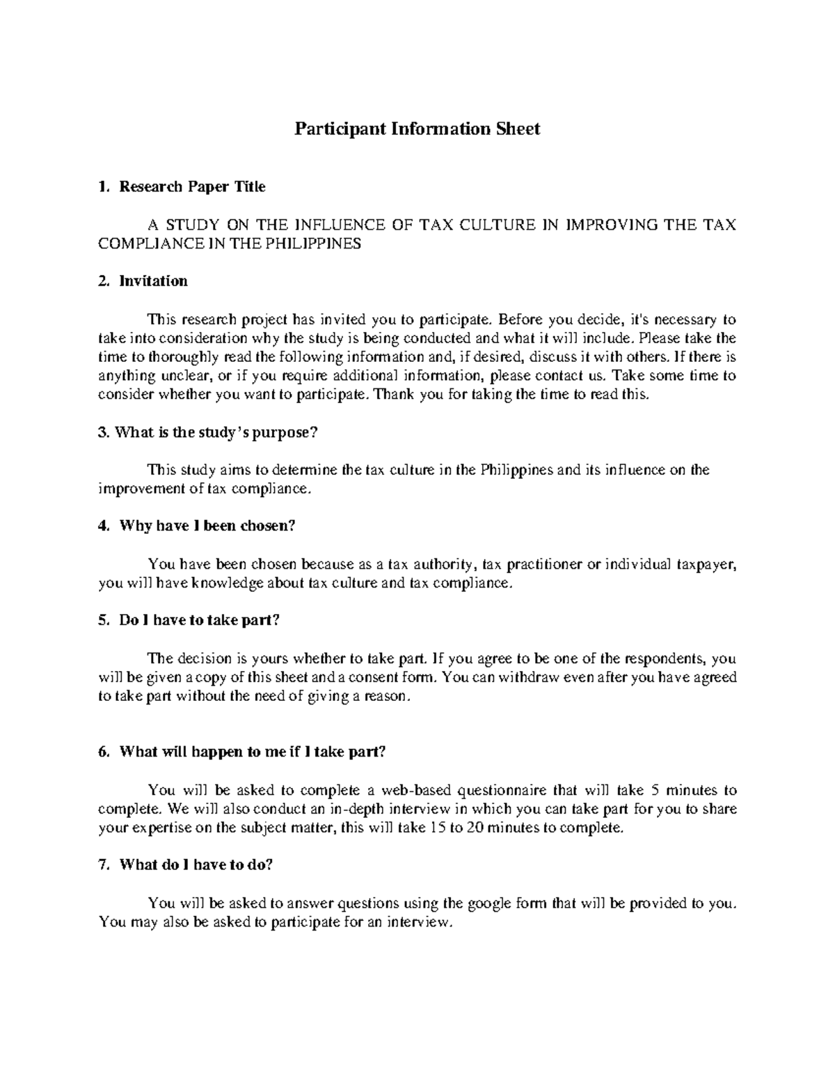 Participant Information Sheet - Research Paper Title A STUDY ON THE ...