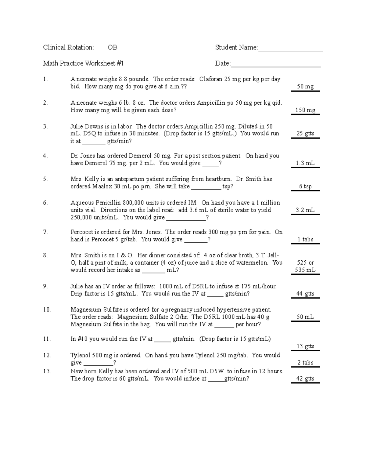 OB Math review questions - Clinical Rotation: OB Student Name ...