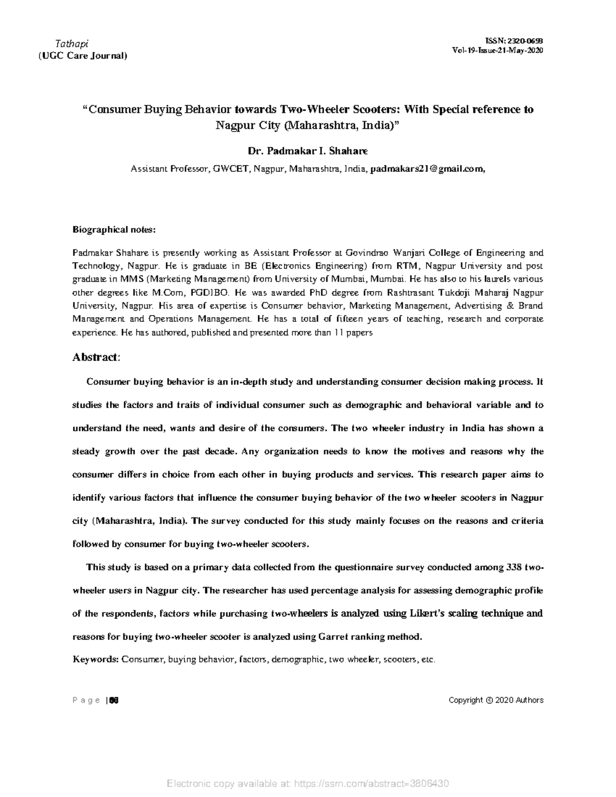 SSRN-id3775346 - Project - Tathapi (UGC Care Journal) ####### Vol- 19 ...