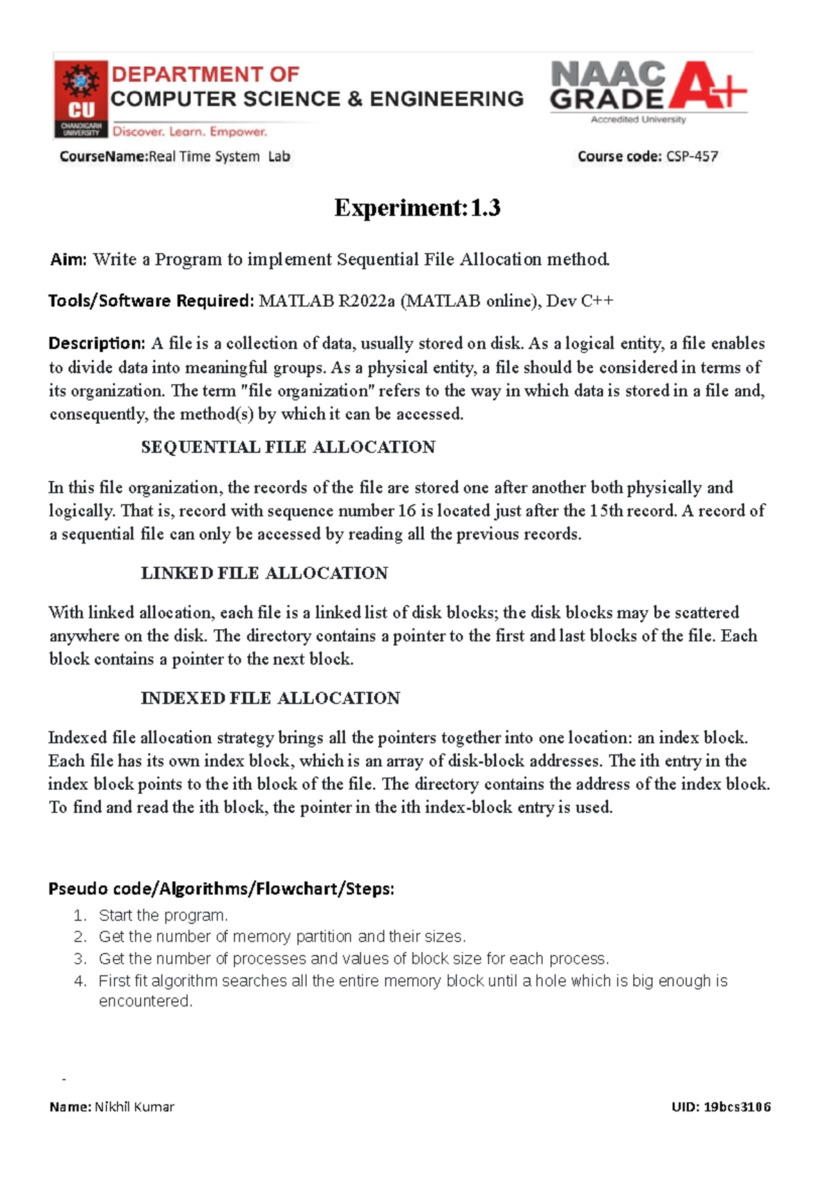 Vaibhav 1 - jgdukduyg - Name: Nikhil Kumar UID: 19bcs Experiment:1. Aim: Write a Program to ...