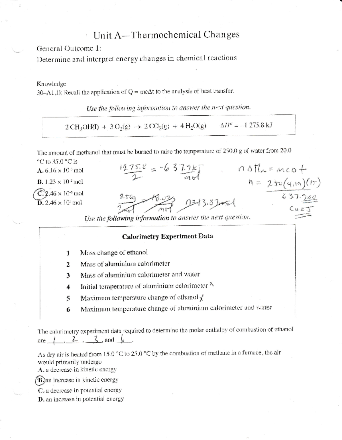 Thermo diploma practice key - General ourcomellnit A-Thermochemical ...