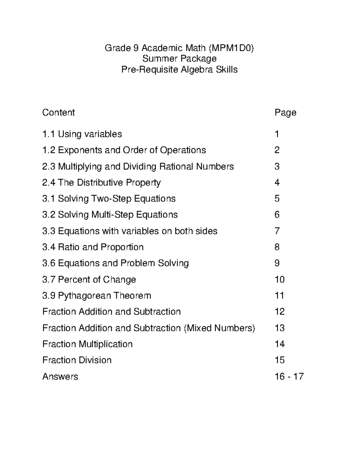 Algebra Skills for Grade 9 - Grade 9 Academic Math (MPM1D0) Summer ...
