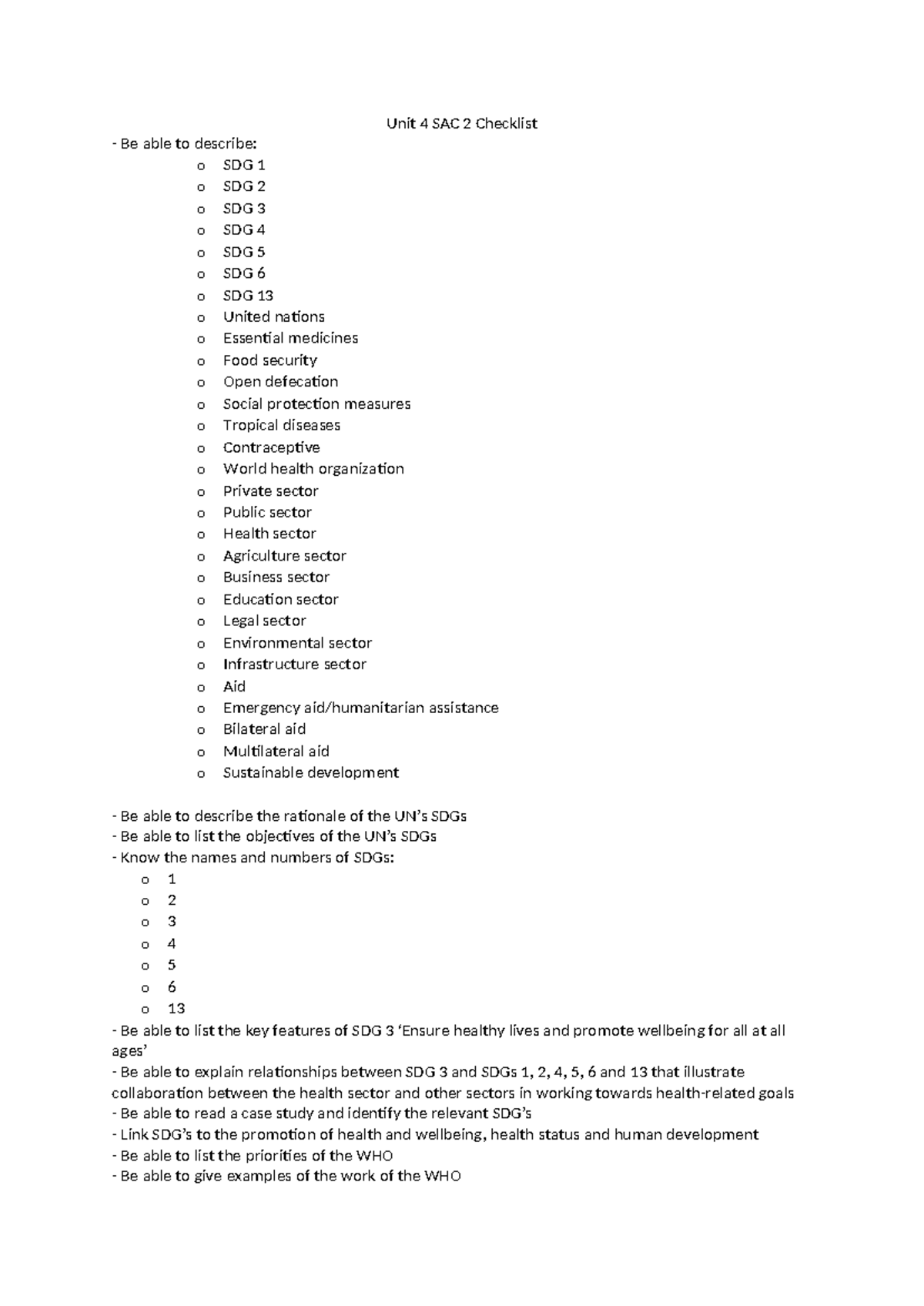 HHD – U4 SAC 2 checklist-2 - Unit 4 SAC 2 Checklist Be able to describe ...