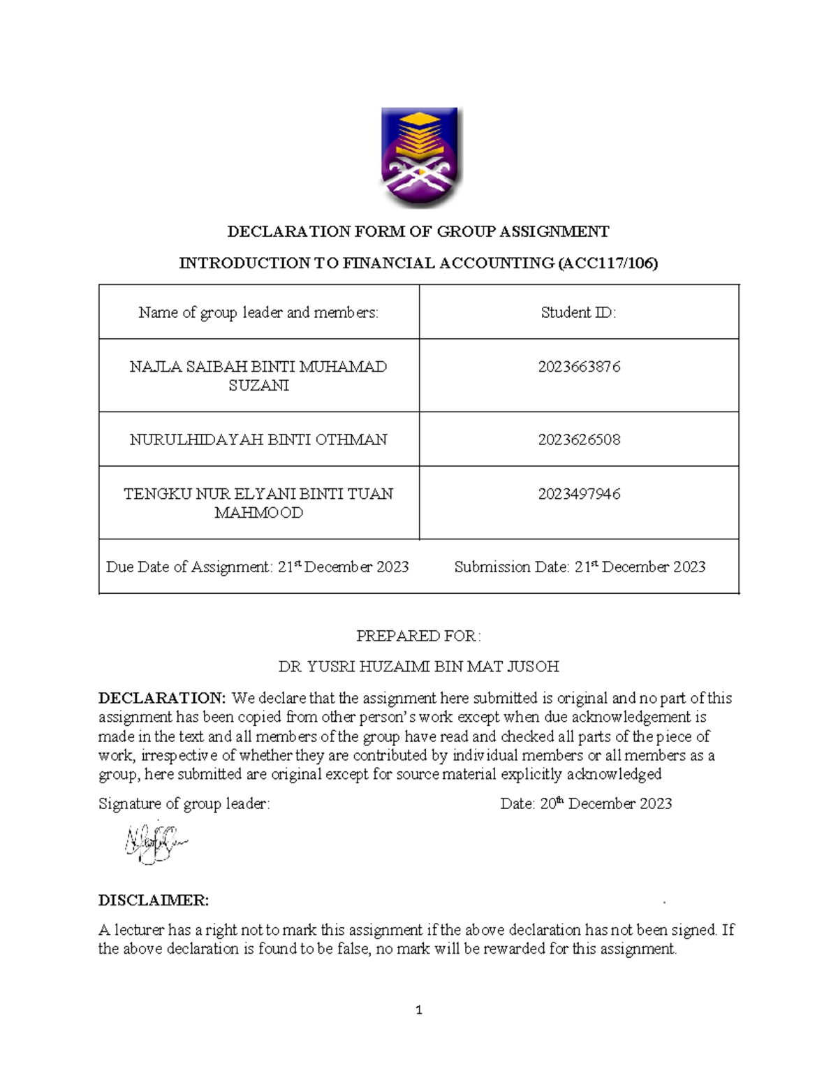 Assignment Group ACC117 - DECLARATION FORM OF GROUP ASSIGNMENT ...