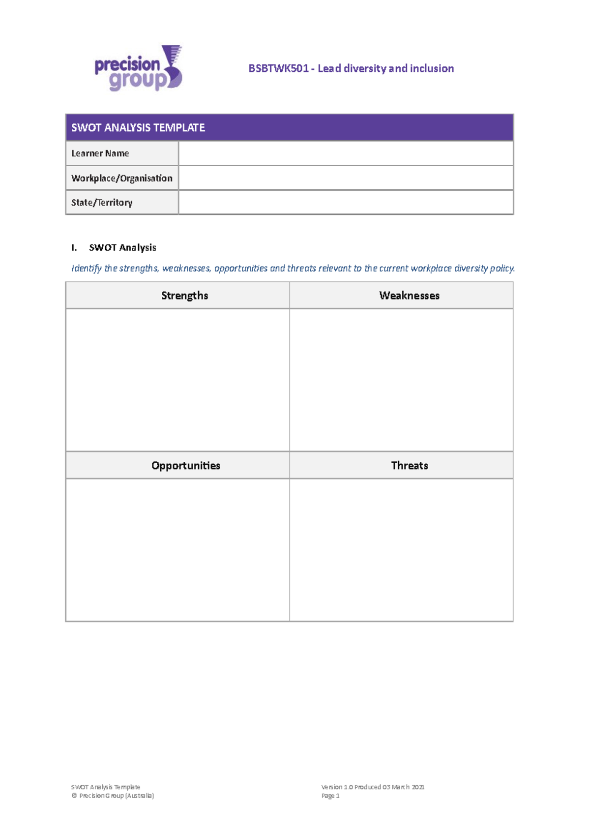 1. TWK501-SWOT-Analysis-Template-v1 It is for task1 - BSBTWK501 - Lead ...