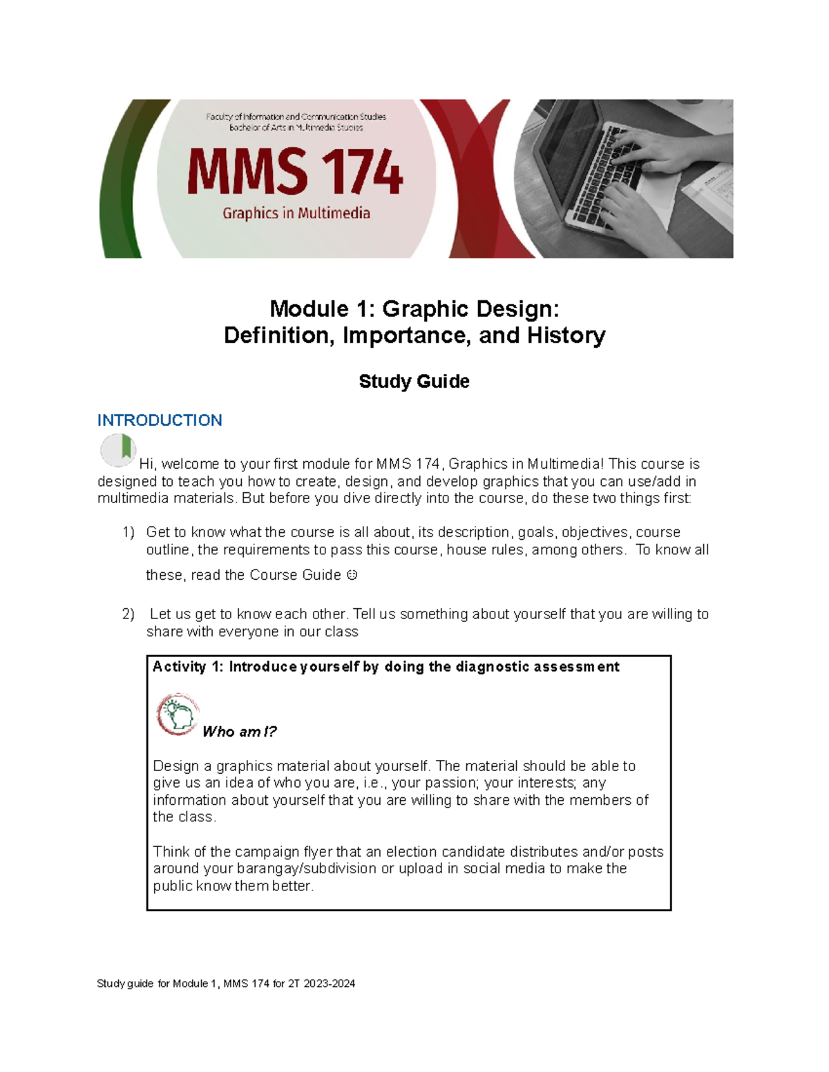 Study Guide for Module 1, MMS 174, 2T 2023-2024 - Module 1: Graphic ...
