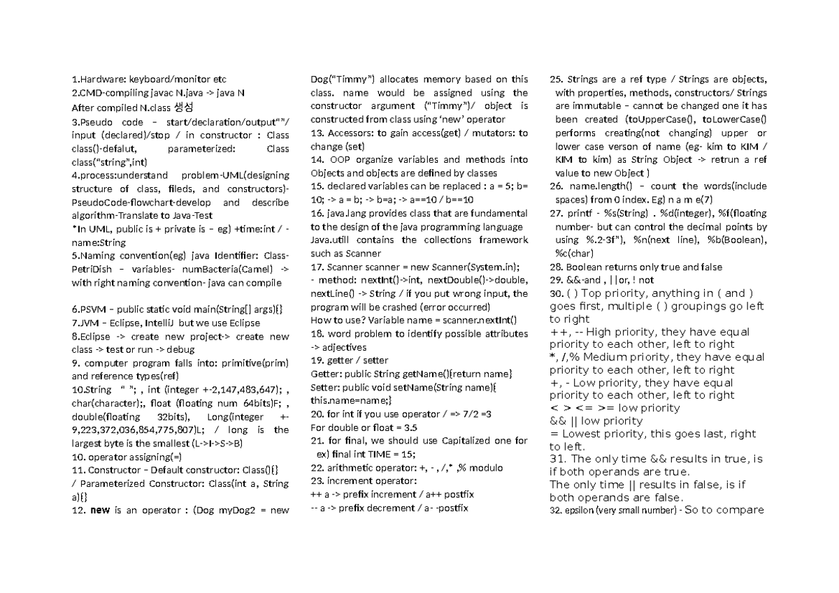 Midterm cheatsheet - test note - 1: keyboard/monitor etc 2-compiling ...