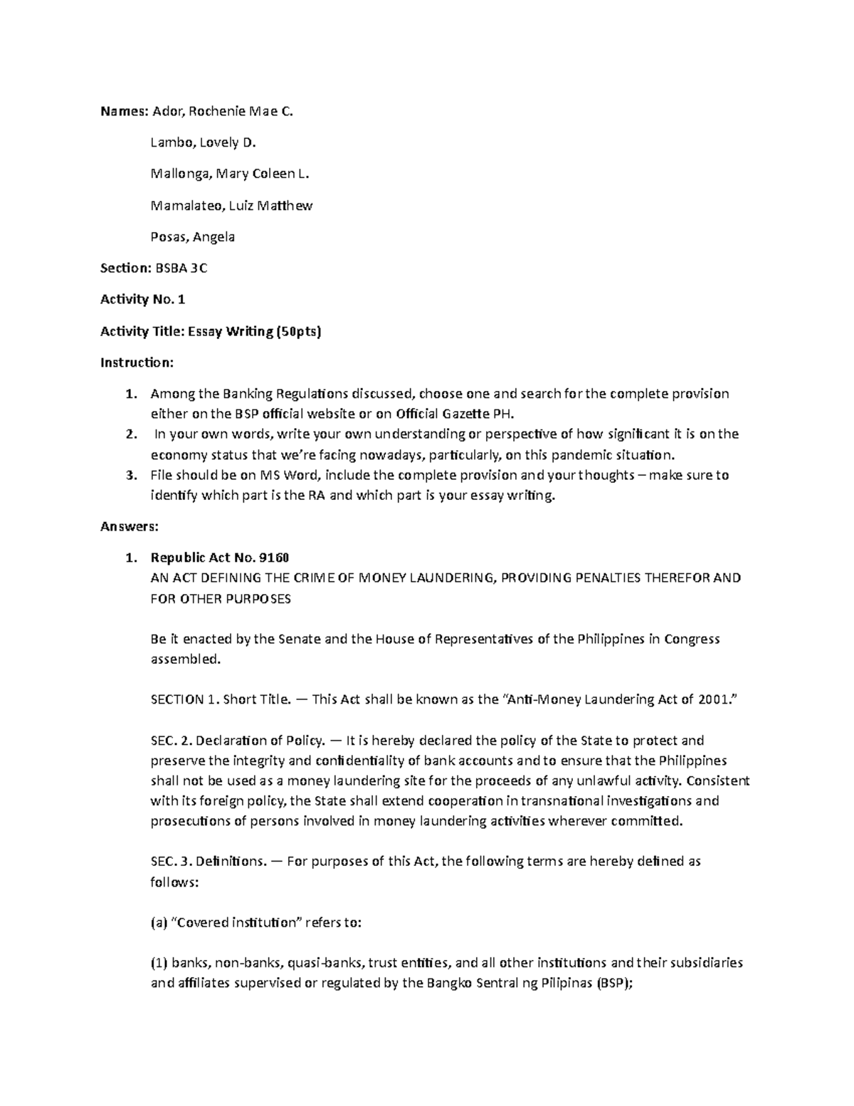 Group- Activity Lesson 3 BSBA-3C - Names: Ador, Rochenie Mae C. Lambo ...