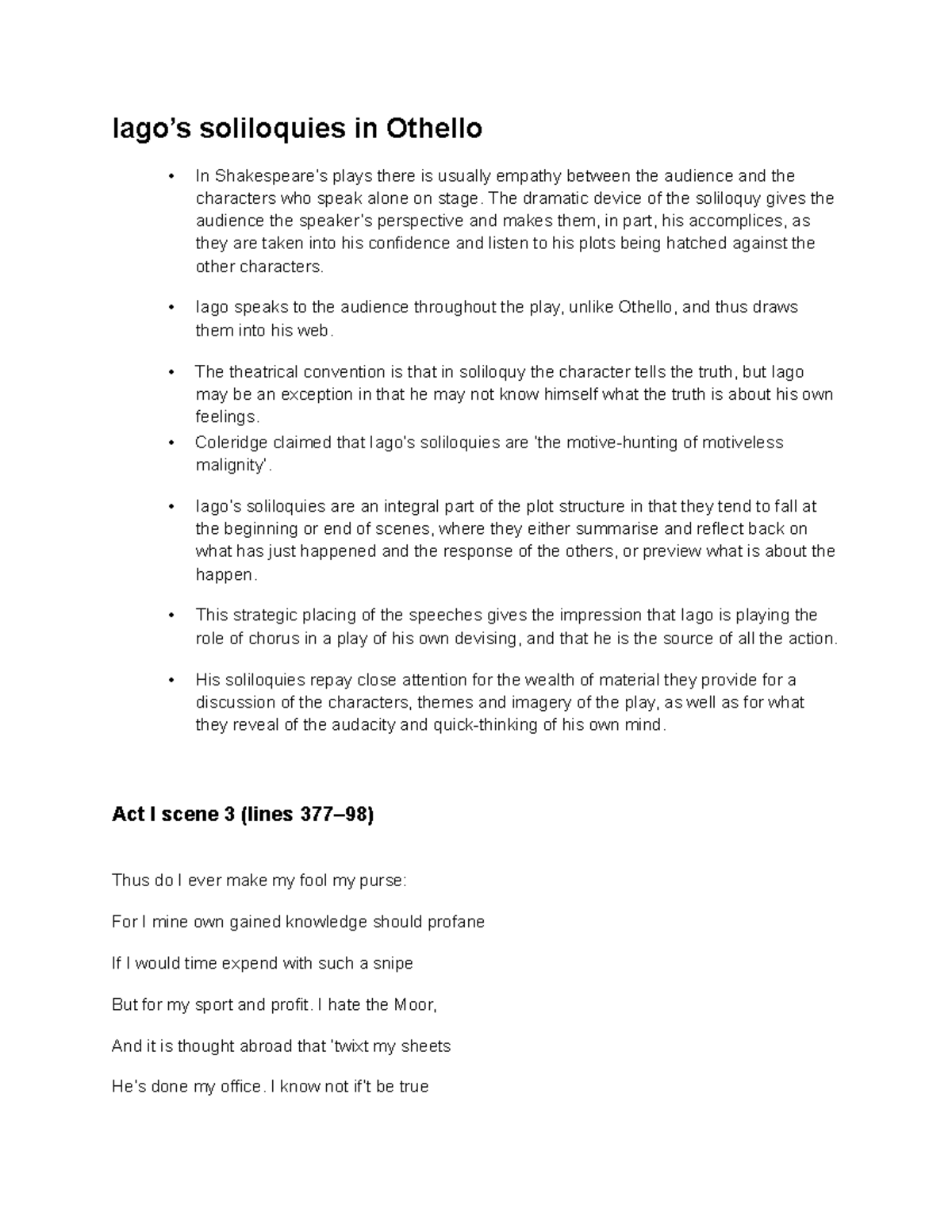 Soliloquies in Othello - Iago’s soliloquies in Othello In Shakespeare’s ...