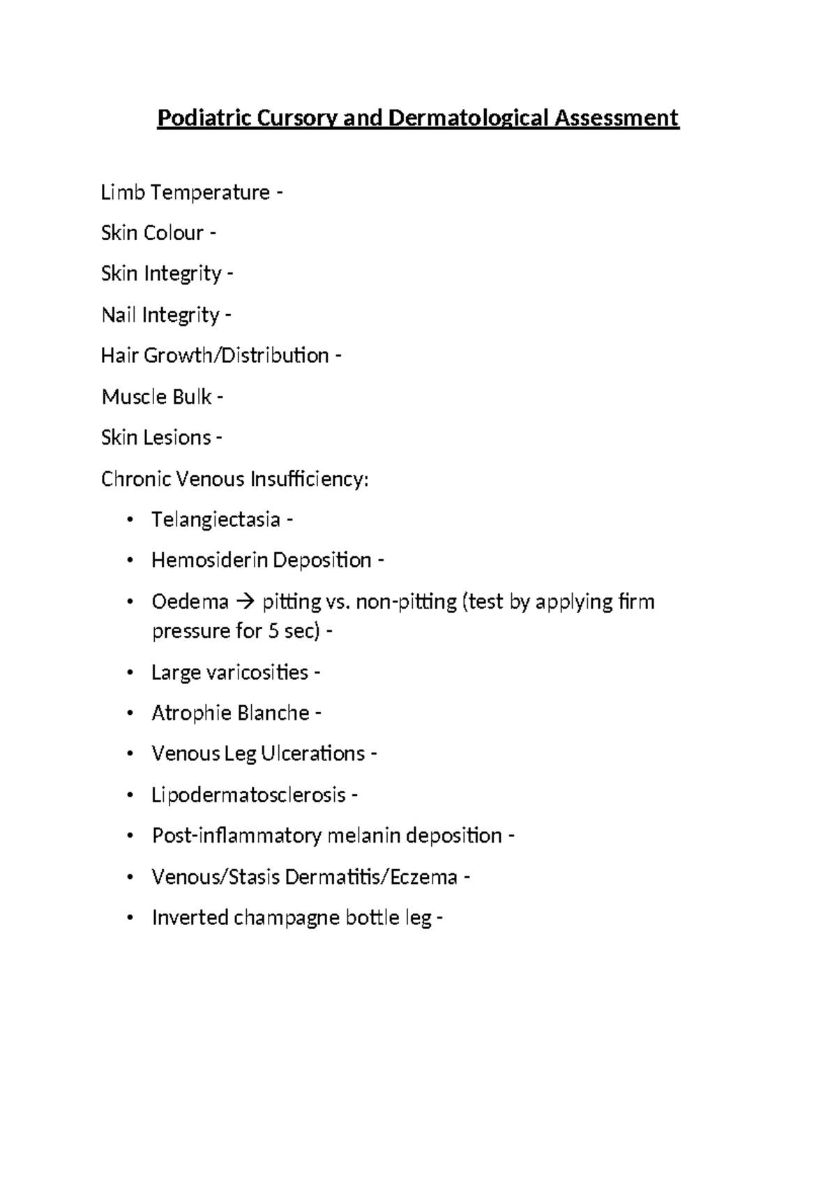 Cursory Assessment - Podiatric Cursory and Dermatological Assessment ...
