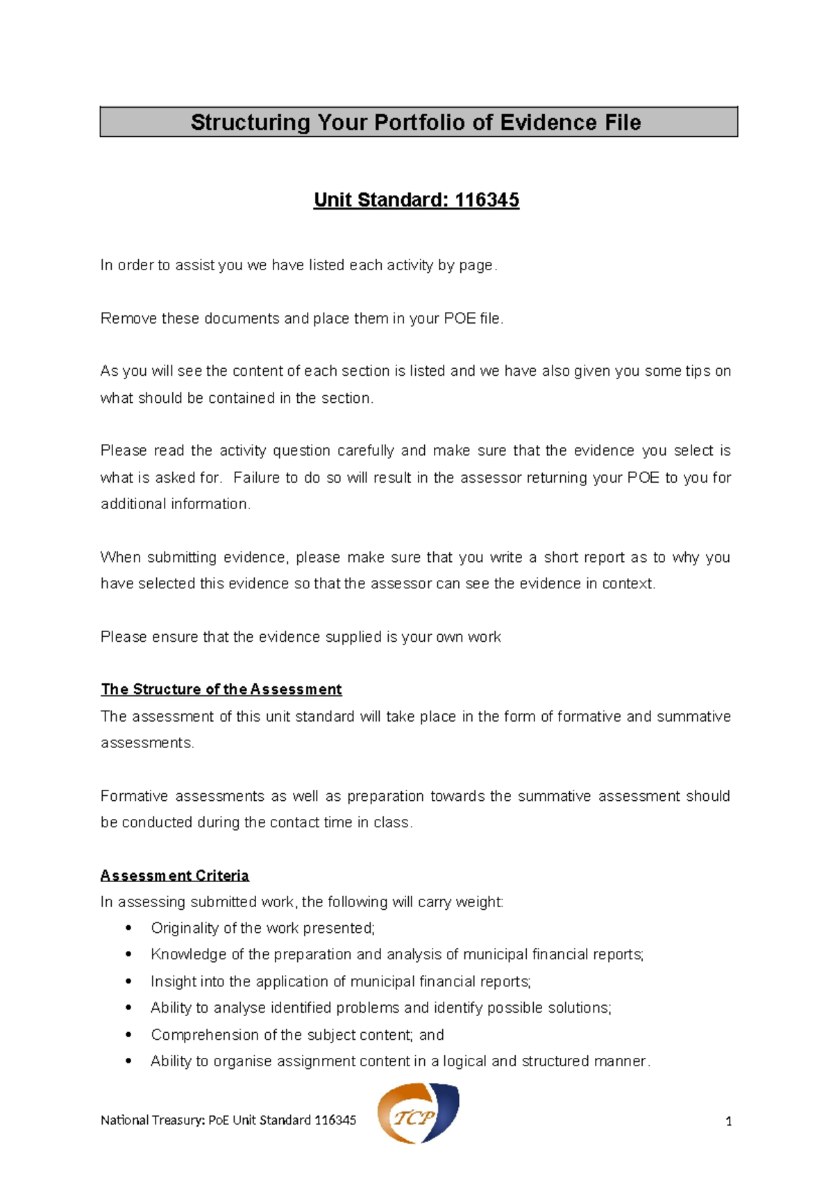 Portfolio of Evidence Guide US 116345 Revisedrr - Structuring Your ...