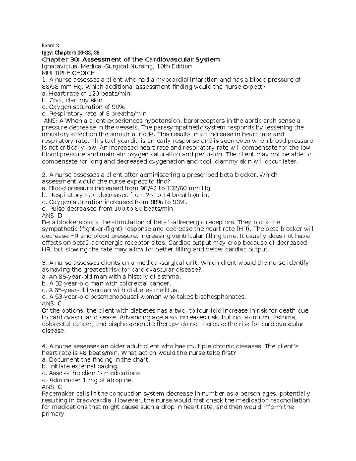 Cardiac Iggy - practice questions - Exam 3 Iggy: Chapters 30-33, 35 ...
