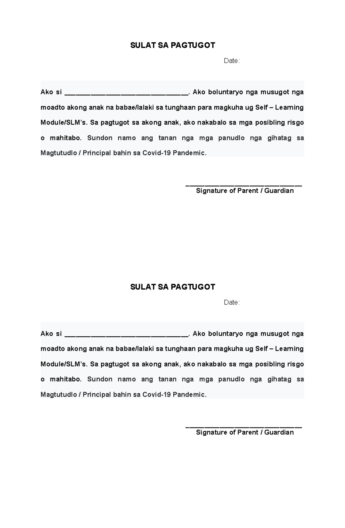 Consent Letter - Thesis - SULAT SA PAGTUGOT Date: Ako si
