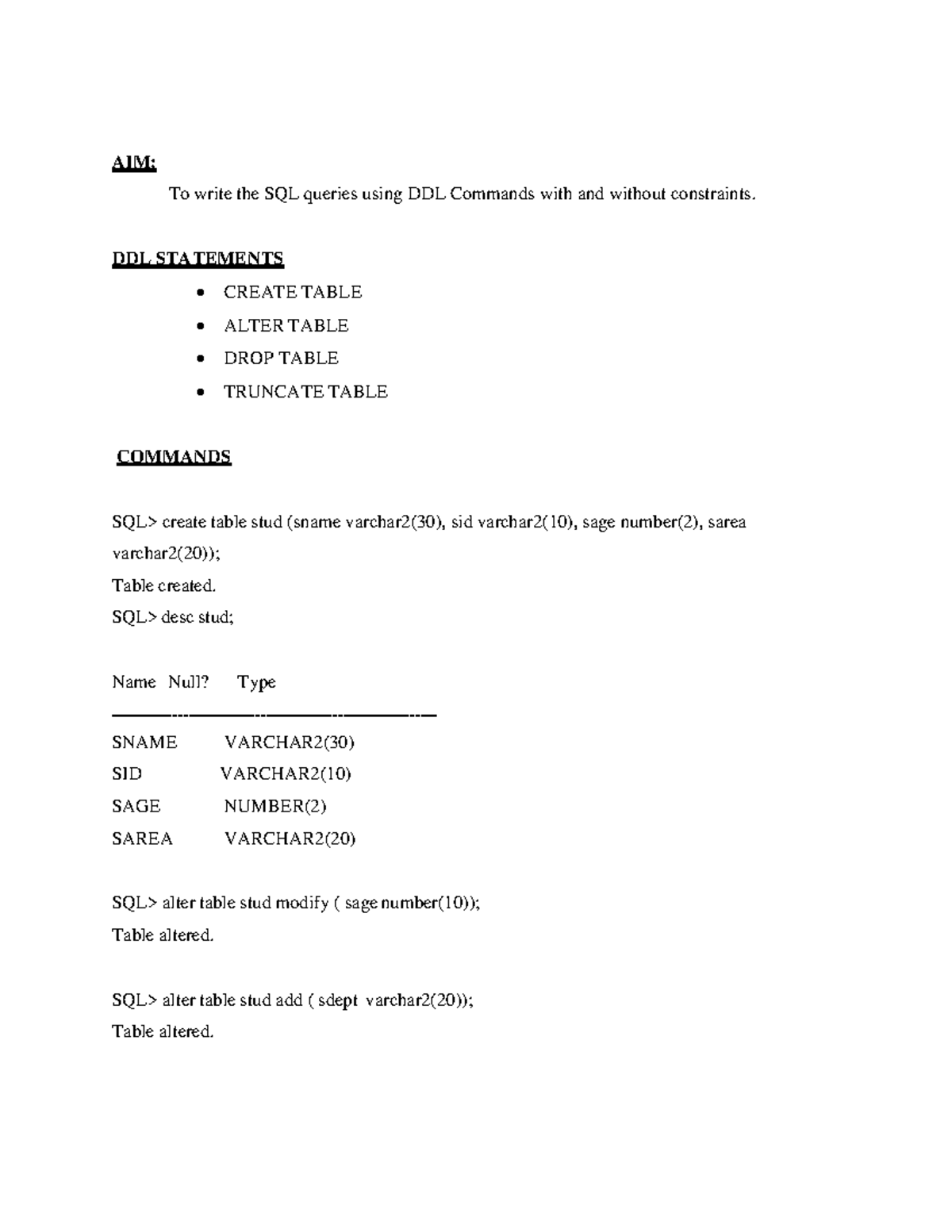 DBMS PART -1 - Ddhgev7vs. Iwgiwgw8 - AIM: To write the SQL queries using DDL Commands with and ...