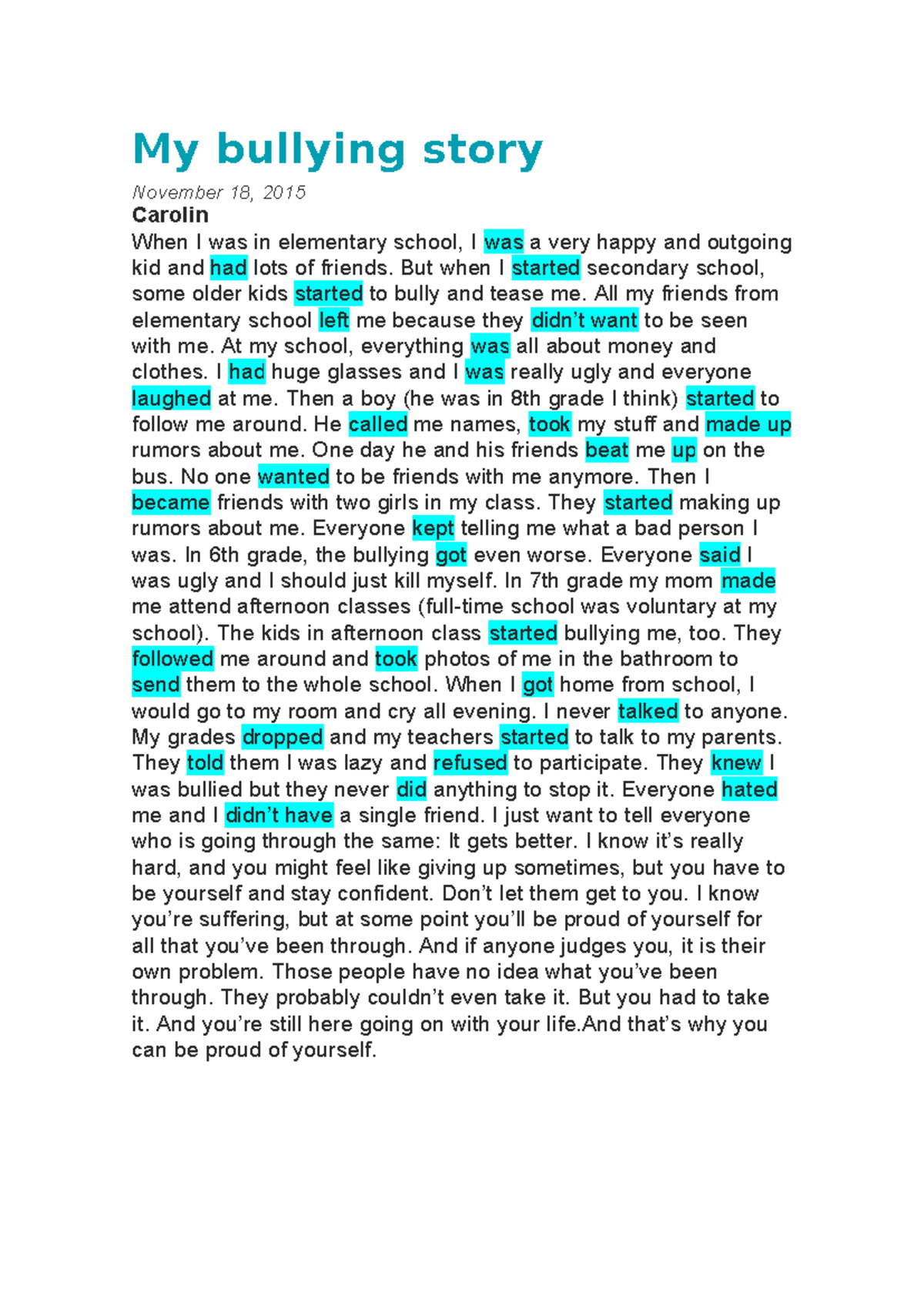 My bullying story - Inglés - My bullying story November 18, 2015 ...