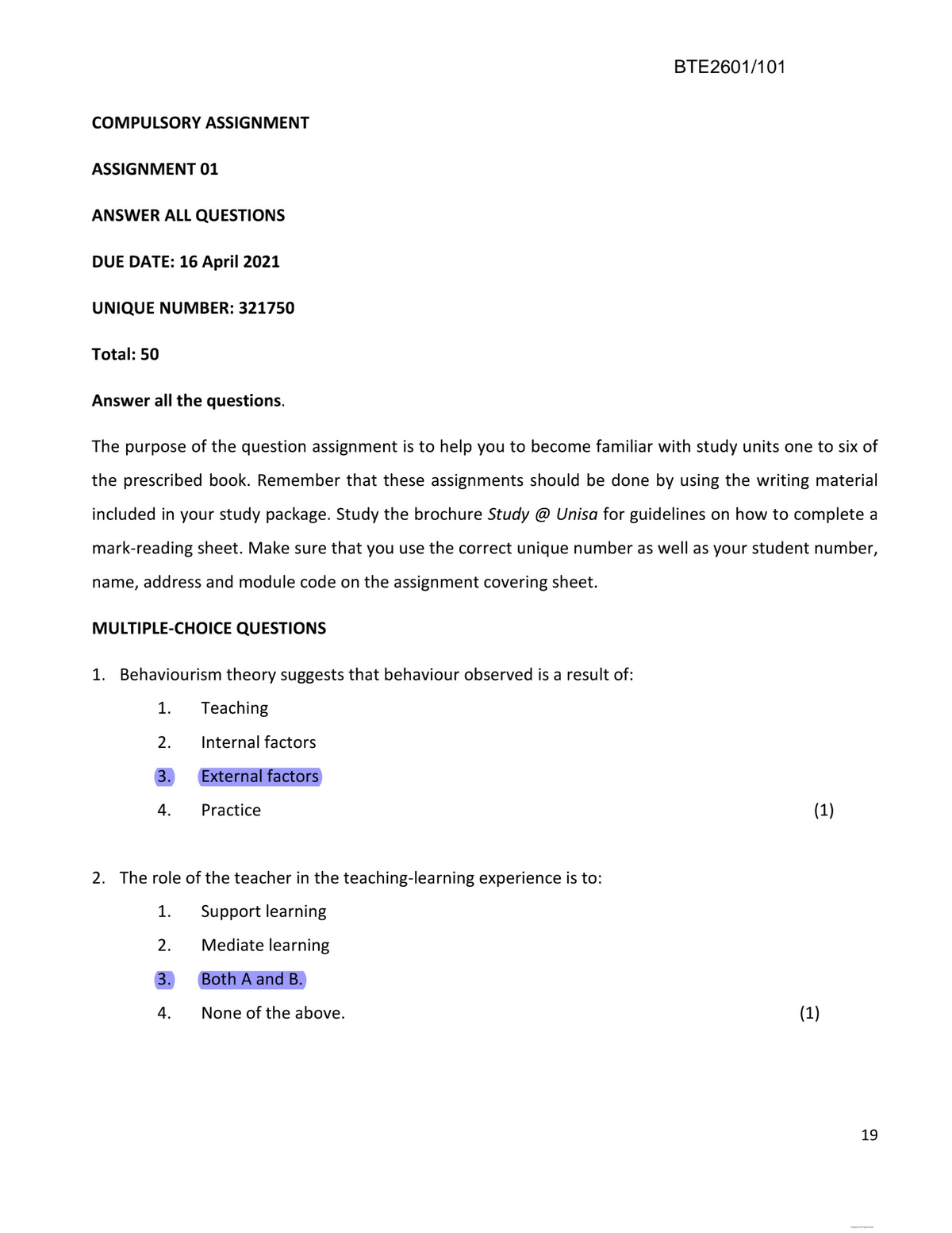 BTE Possible Answers for Assignment 1 - BTE2601 - Studocu