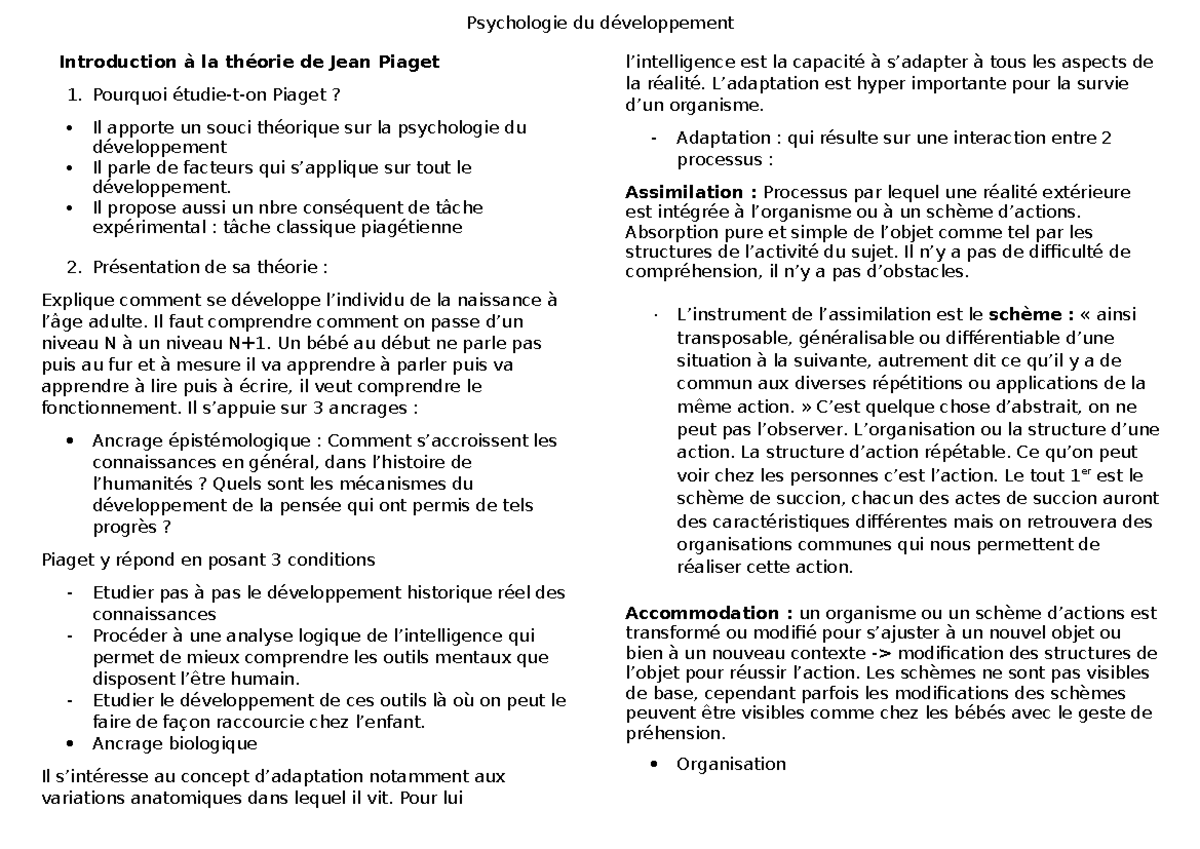Psy du développement - Introduction à la théorie de Jean Piaget 1 ...