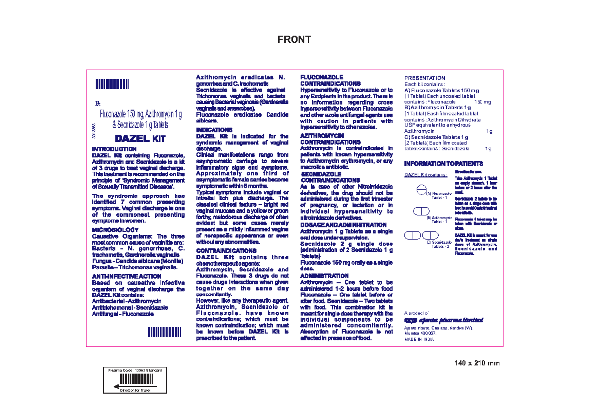 Dazel Kit - Azithromycin 1gm, Secnidazole 1gm Fluconazole 150mg Tablets ...