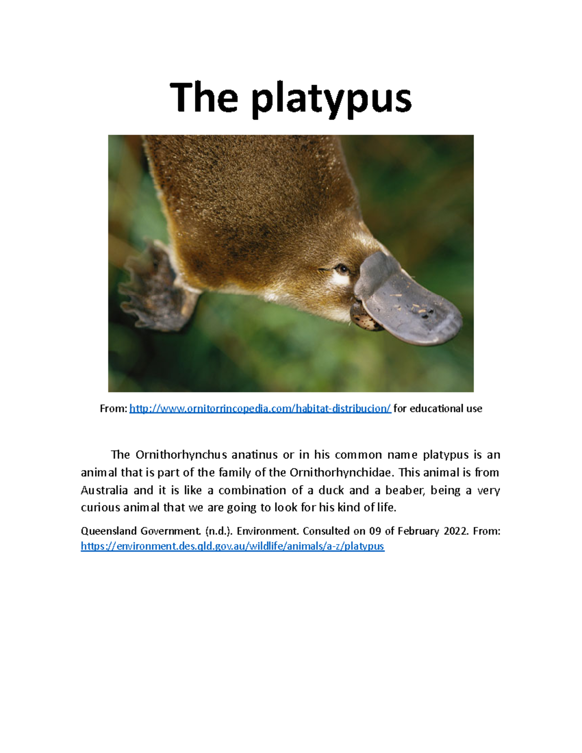 Life science evidence 1 - The platypus From: ornitorrincopedia/habitat ...