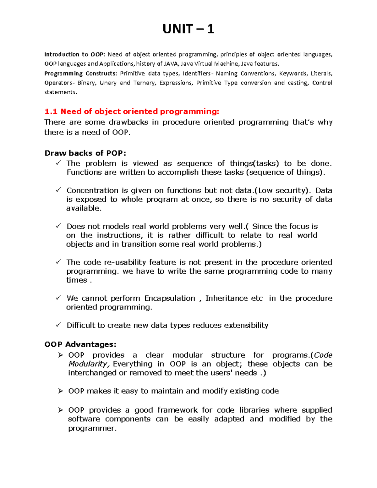 Basics of JAVA-U1 - Java - UNIT – 1 Introduction to OOP: Need of object oriented programming ...