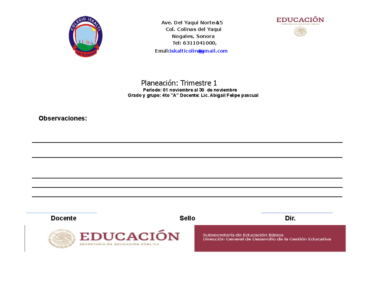 4° Planeación Noviembre - Planeación: Trimestre 1 ####### Período: 01 ...