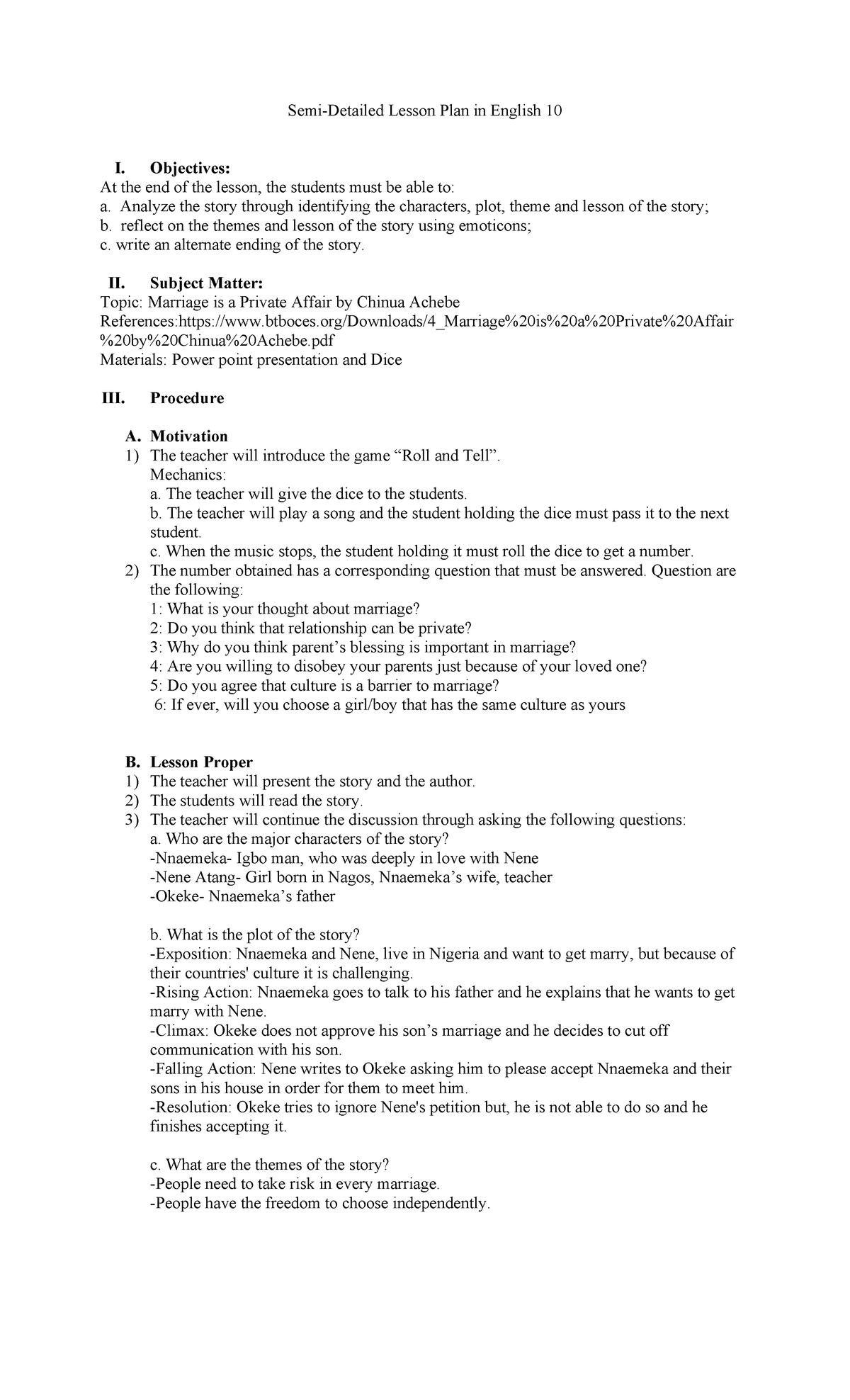 ELT10-Lesson-Plan - Lesson PLan - Semi-Detailed Lesson Plan in English ...