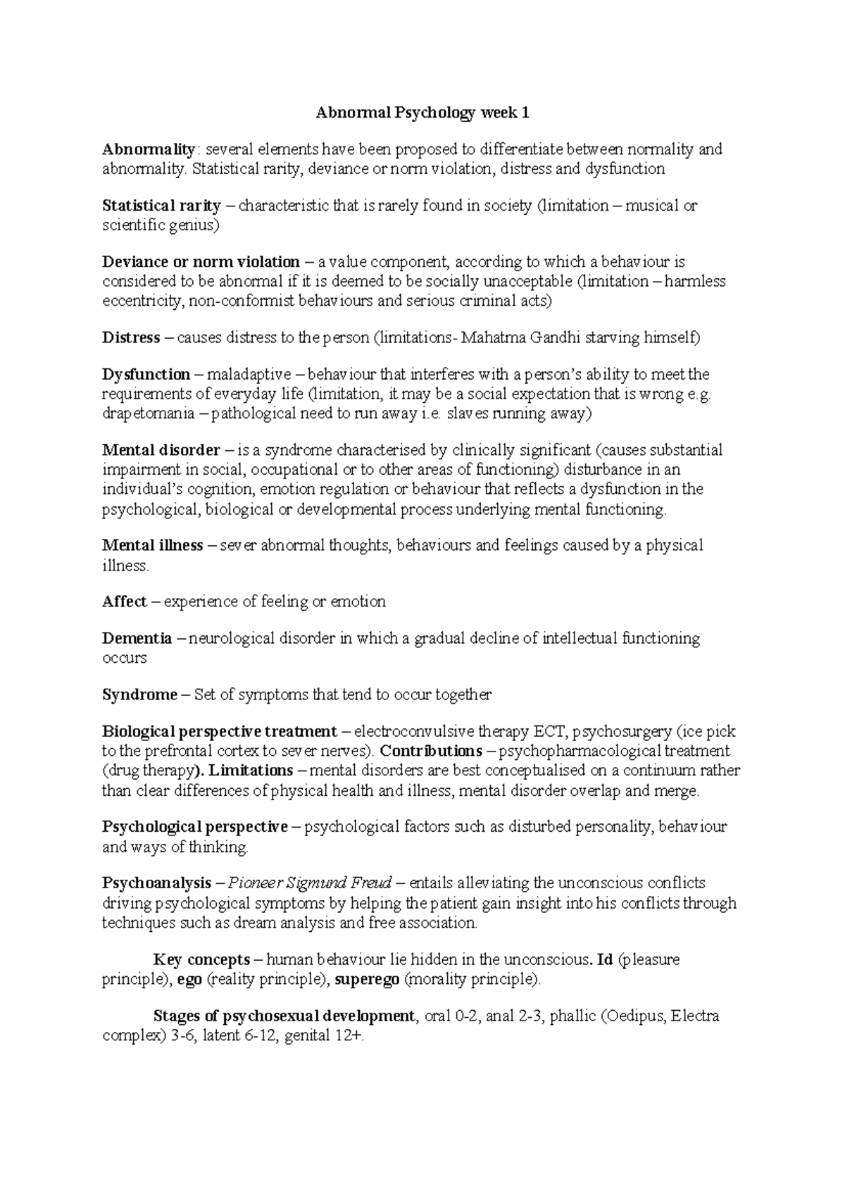 Abnormal Psychology week 1 terms - Abnormal Psychology week 1 ...