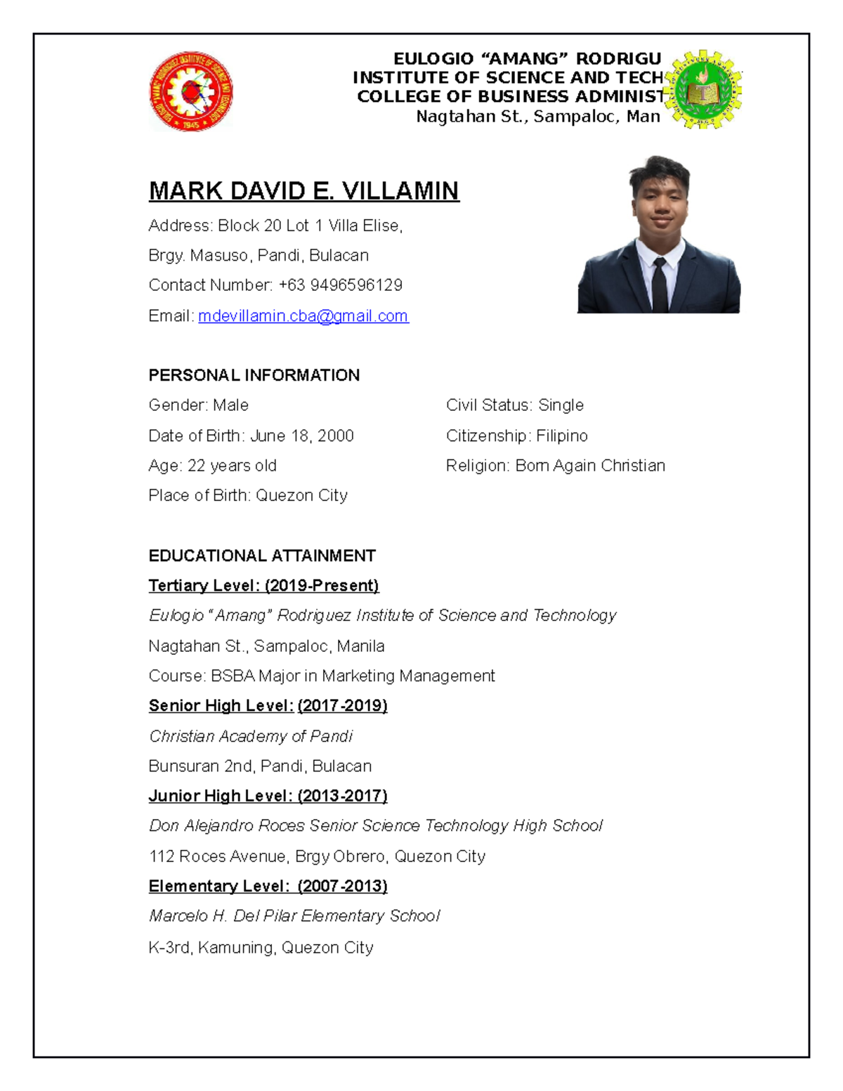 Resume - EULOGIO “AMANG” RODRIGUEZ INSTITUTE OF SCIENCE AND TECHNOLOGY ...