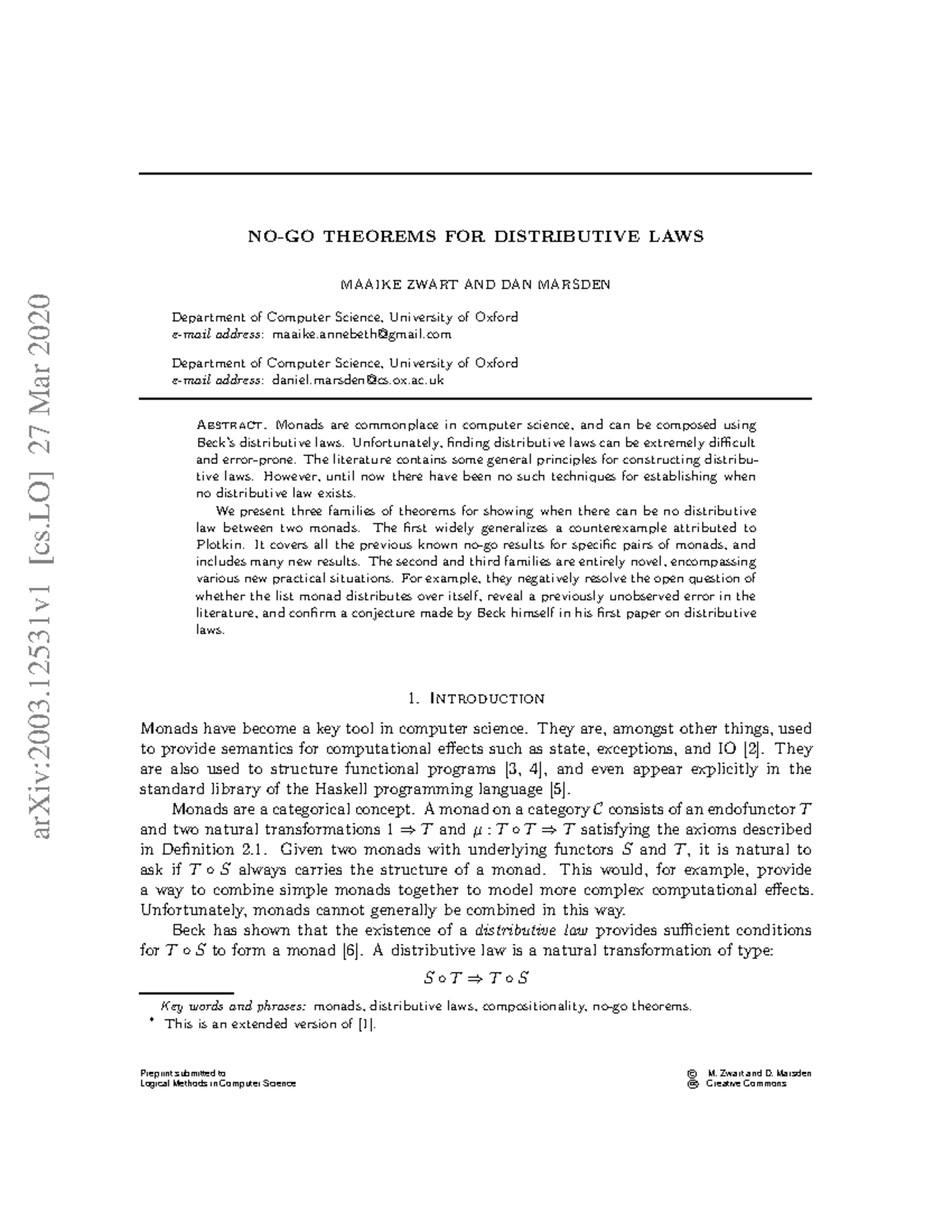 No-Go Theorems for Distributive Laws - arXiv:2003 [cs] 27 Mar 2020 NO-GO THEOREMS FOR ...