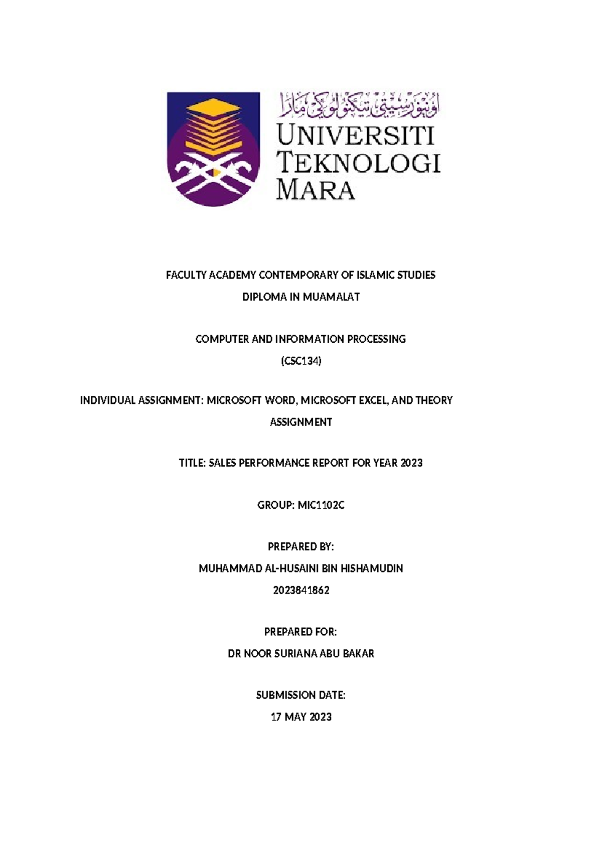 Assignment Computer Science - FACULTY ACADEMY CONTEMPORARY OF ISLAMIC ...