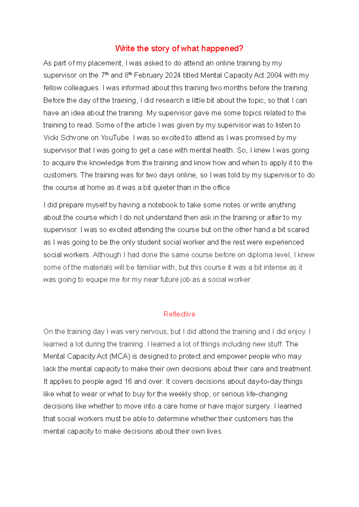 Mental Capacity Act 2005 Unfinished Reflective - Write the story of ...