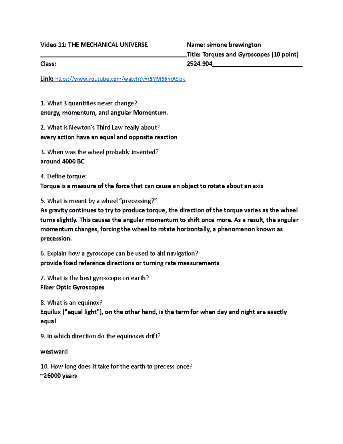 physics worksheet 11 - Video 11: THE MECHANICAL UNIVERSE Name: simone ...