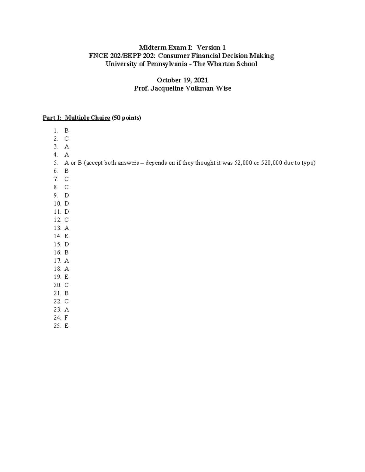 Answer Key - Version 1 Complete - Midterm Exam I: Version 1 FNCE 202 ...
