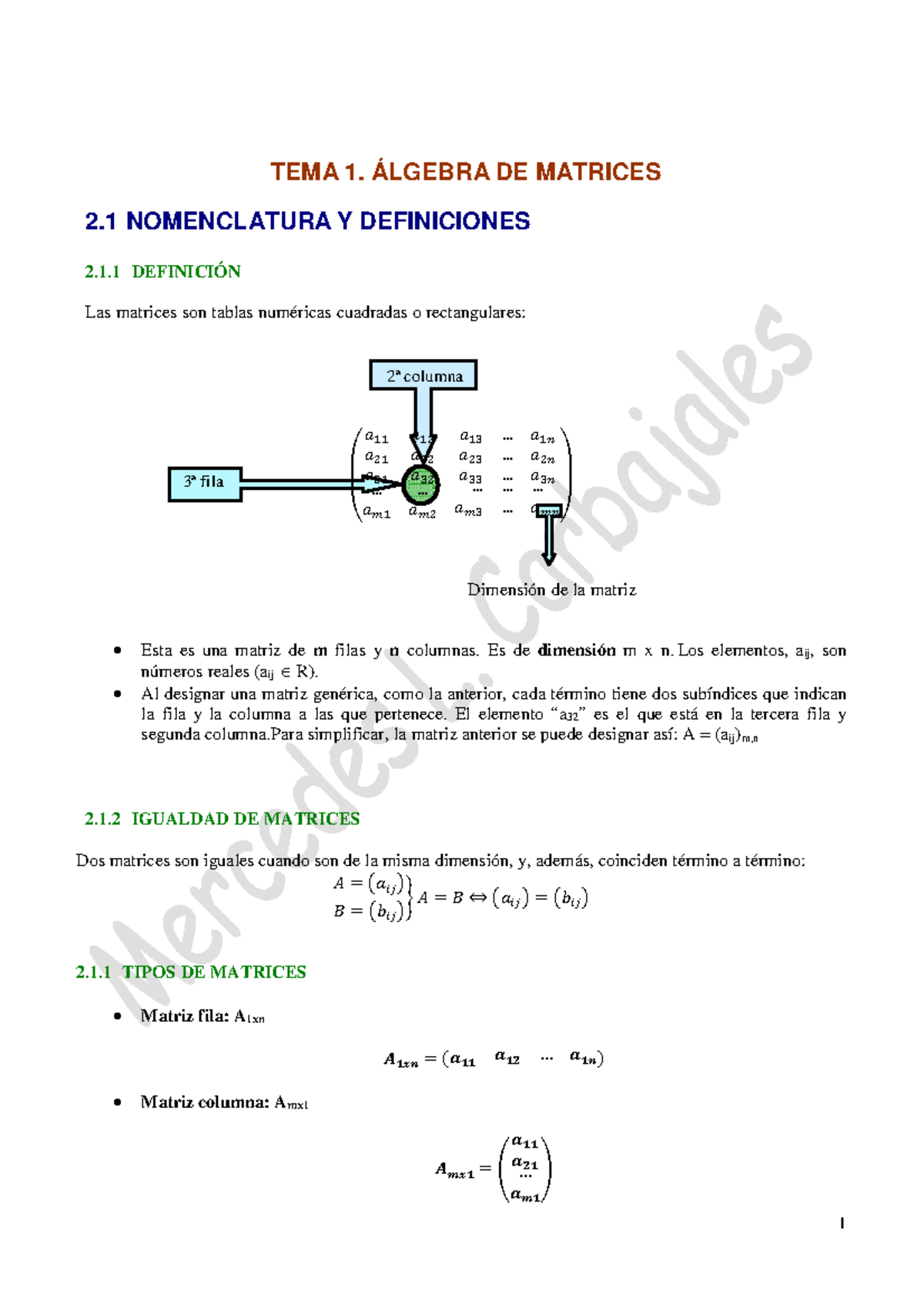 1 Matrices Teoría - TEMA 1. ÁLGEBRA DE MATRICES 2 NOMENCLATURA Y ...
