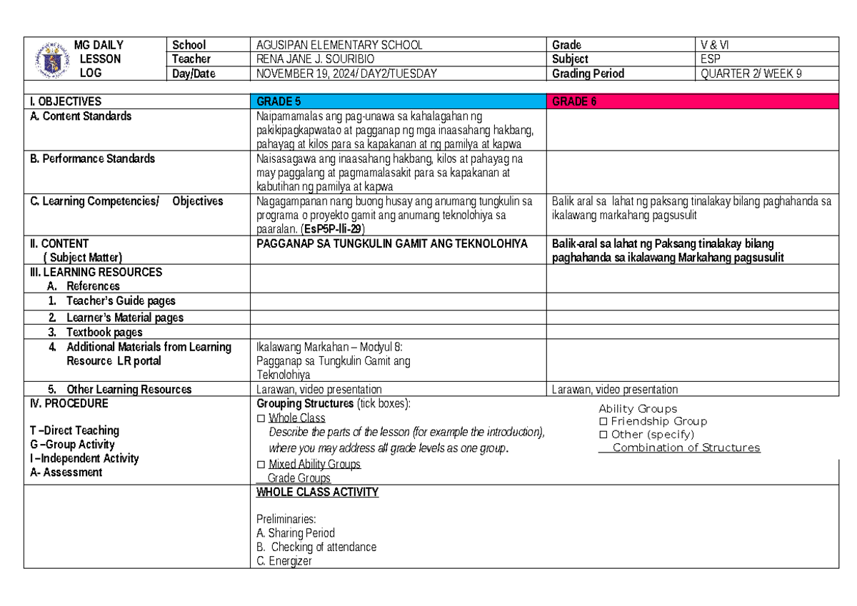 DLL Q2 W9 DAY2 ESP - dll esp - MG DAILY LESSON LOG School AGUSIPAN ...