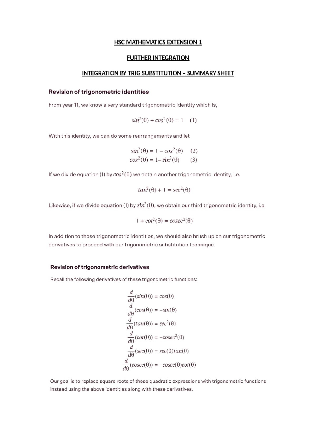 Further Trig Integration - Summary Sheet - MTH101 - HSC MATHEMATICS ...